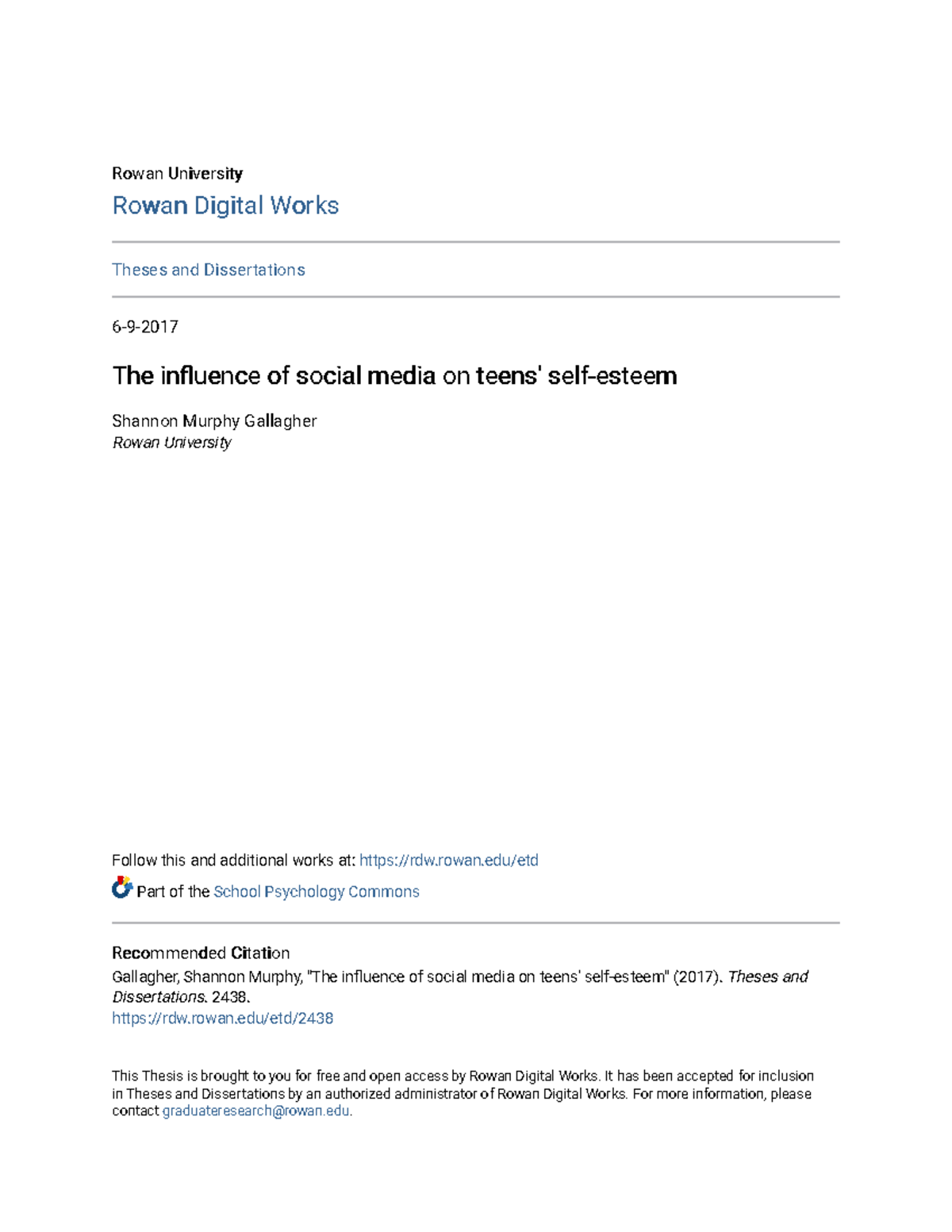 The influence of social media on teens self esteem - Rowan ...