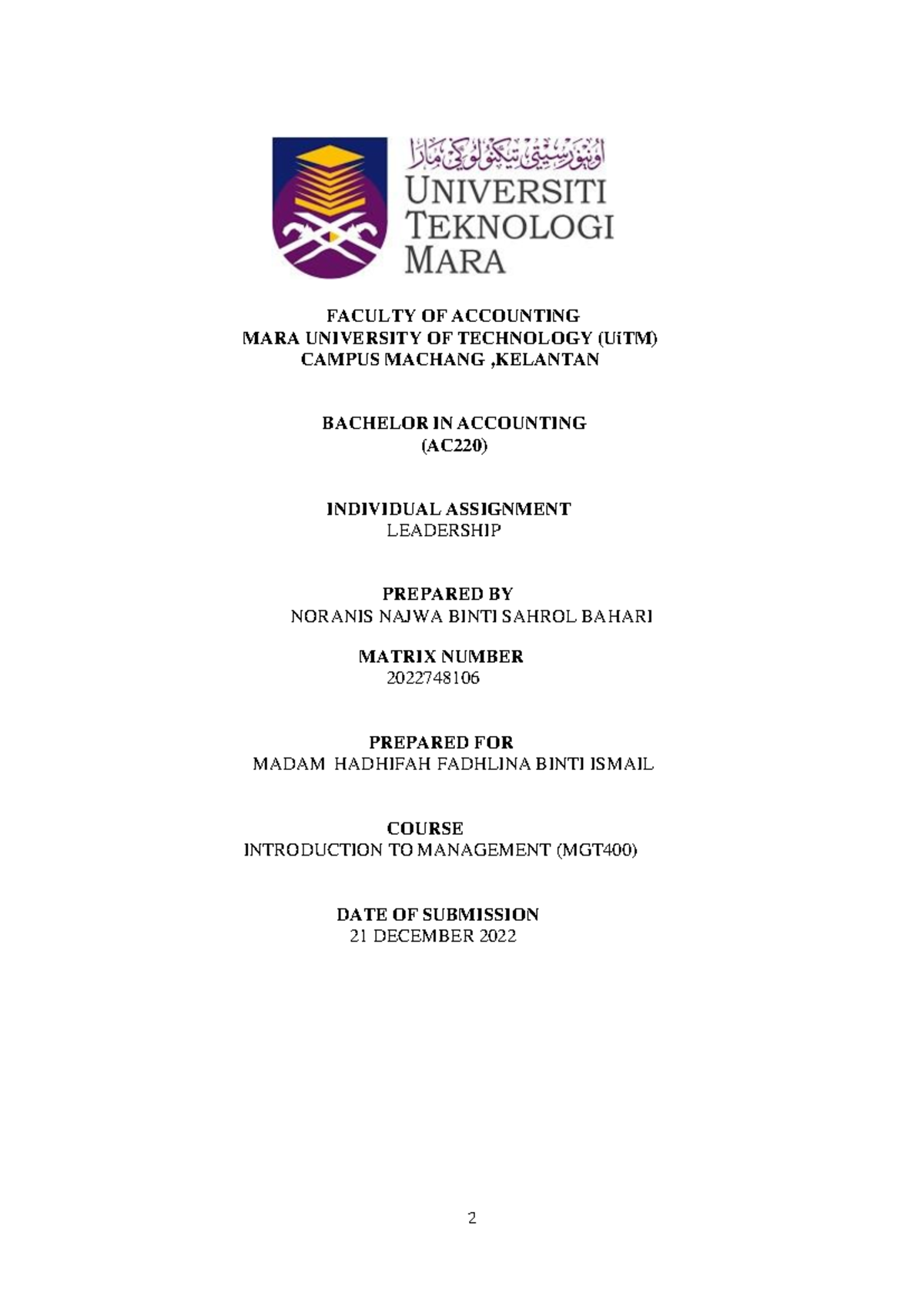 Assingtment - ASSINGMENT MGT400 TAN SRI SYED AZMAN - FACULTY OF ...