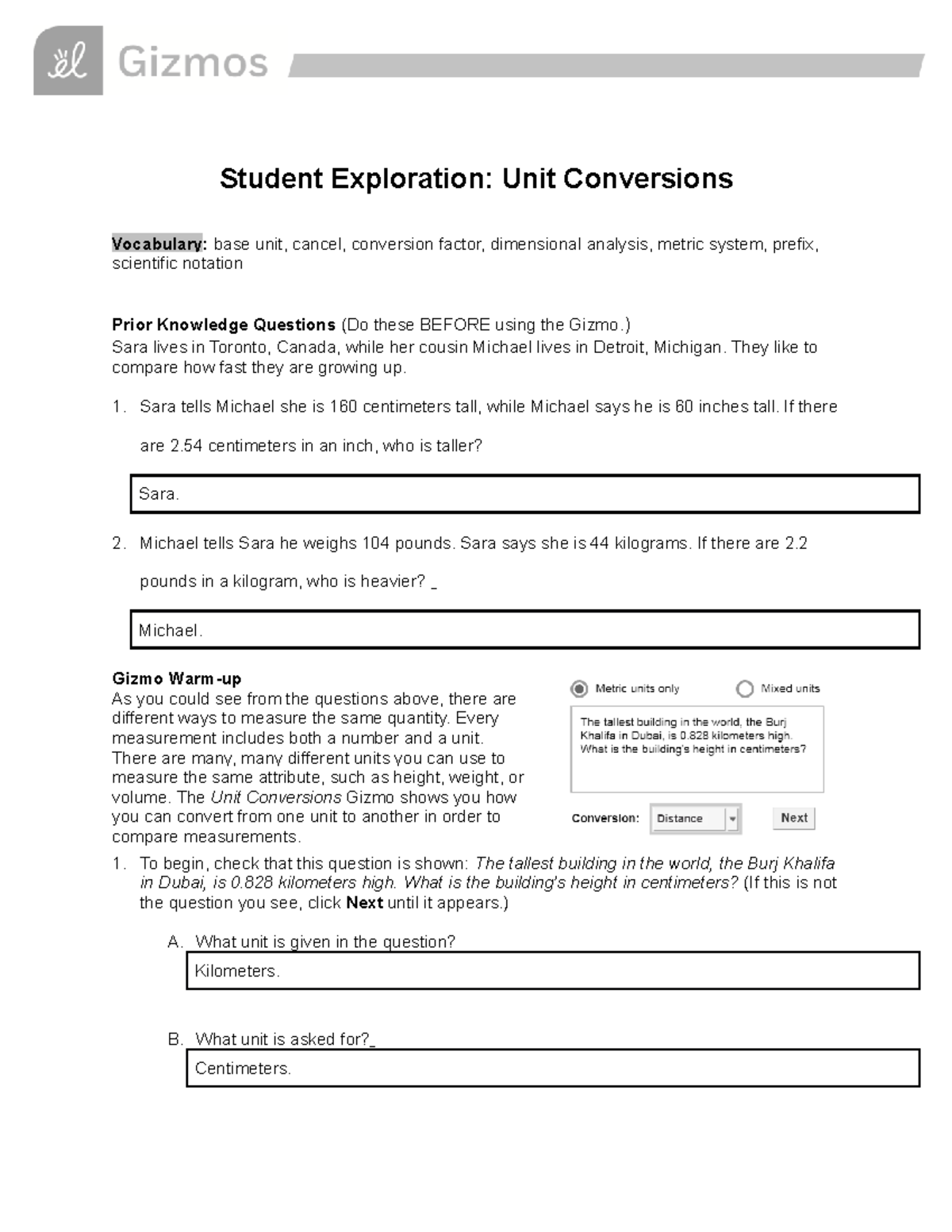 Copy of [Gizmos] Unit Conversion SE - Student Exploration: Unit Conversions Vocabulary: base ...