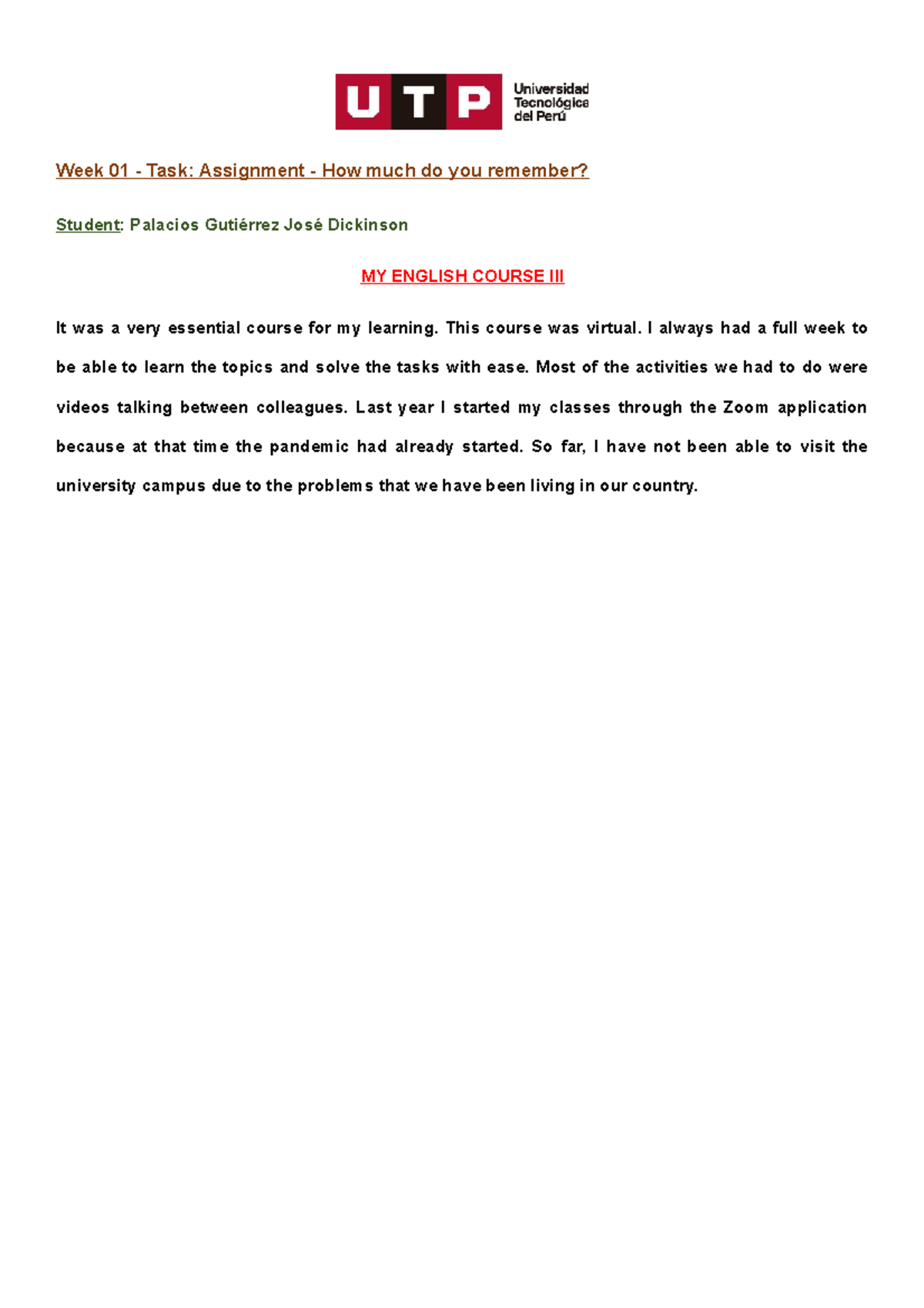 WEEK O1 - Week 01 - Task: Assignment - How much do you remember ...