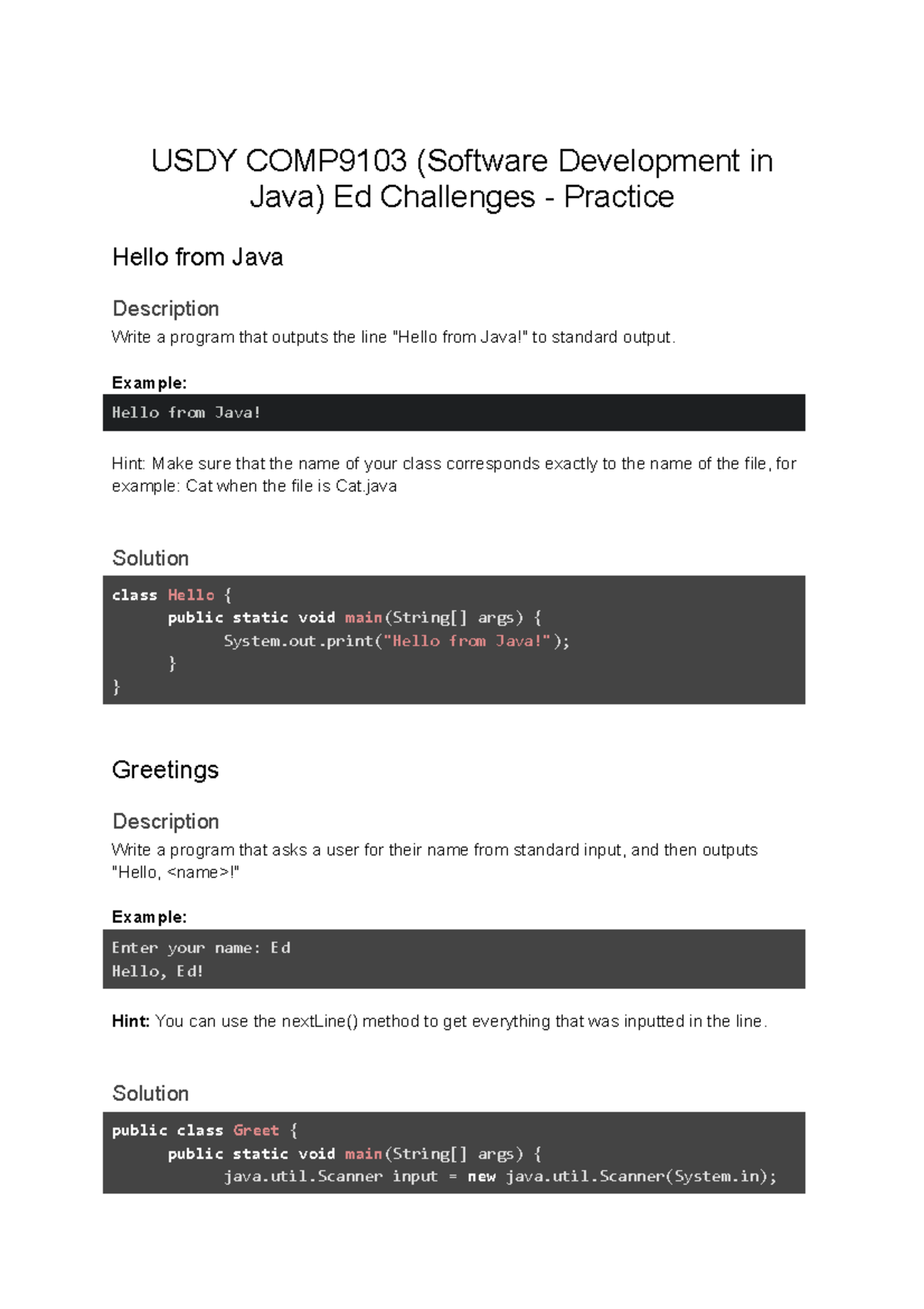 USDY COMP9103 (Software Development in Java) Ed Challenges - Practice - Example: Hello from Java ...