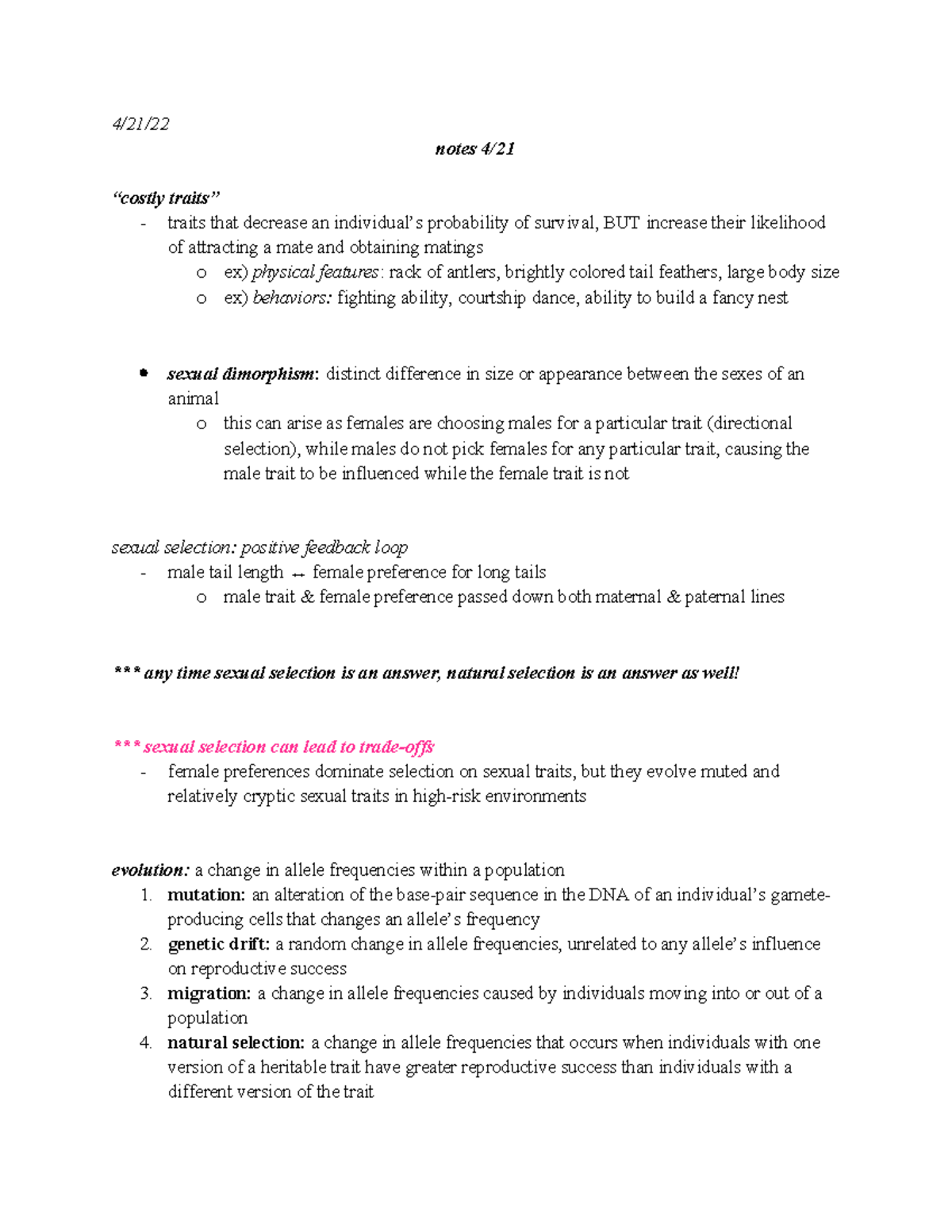 Notes 4:21 - 4/21/ notes 4/ “costly traits” traits that decrease an ...