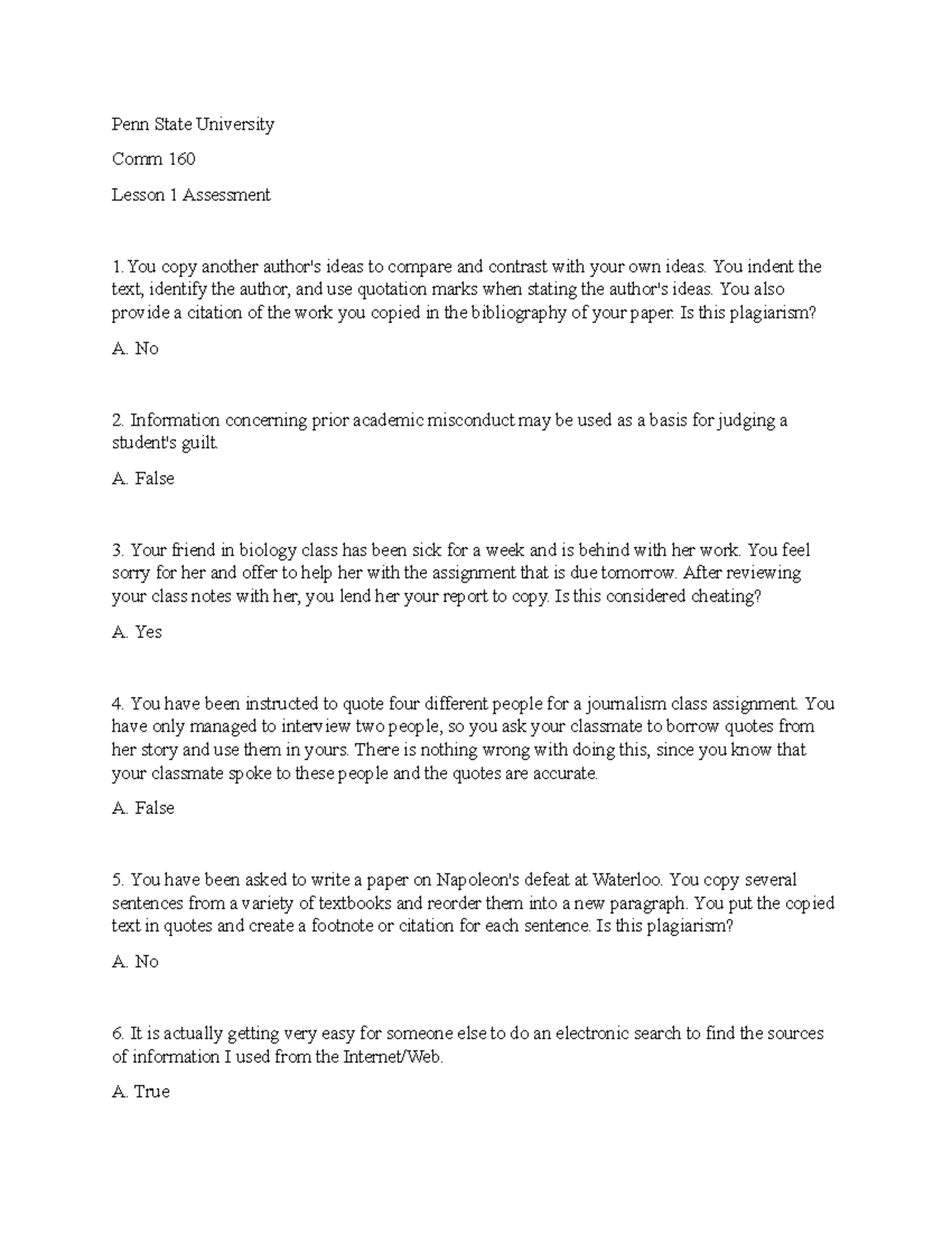 Comm 160 Lesson 1 Quiz - Penn State University Comm 160 Lesson 1 ...