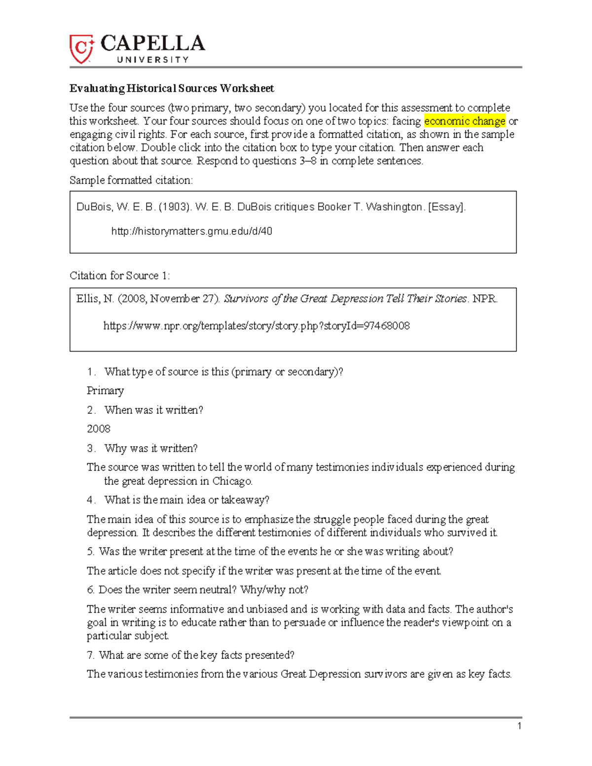 History Assignment 1 - Evaluating Historical Sources Worksheet Use the four sources (two primary ...