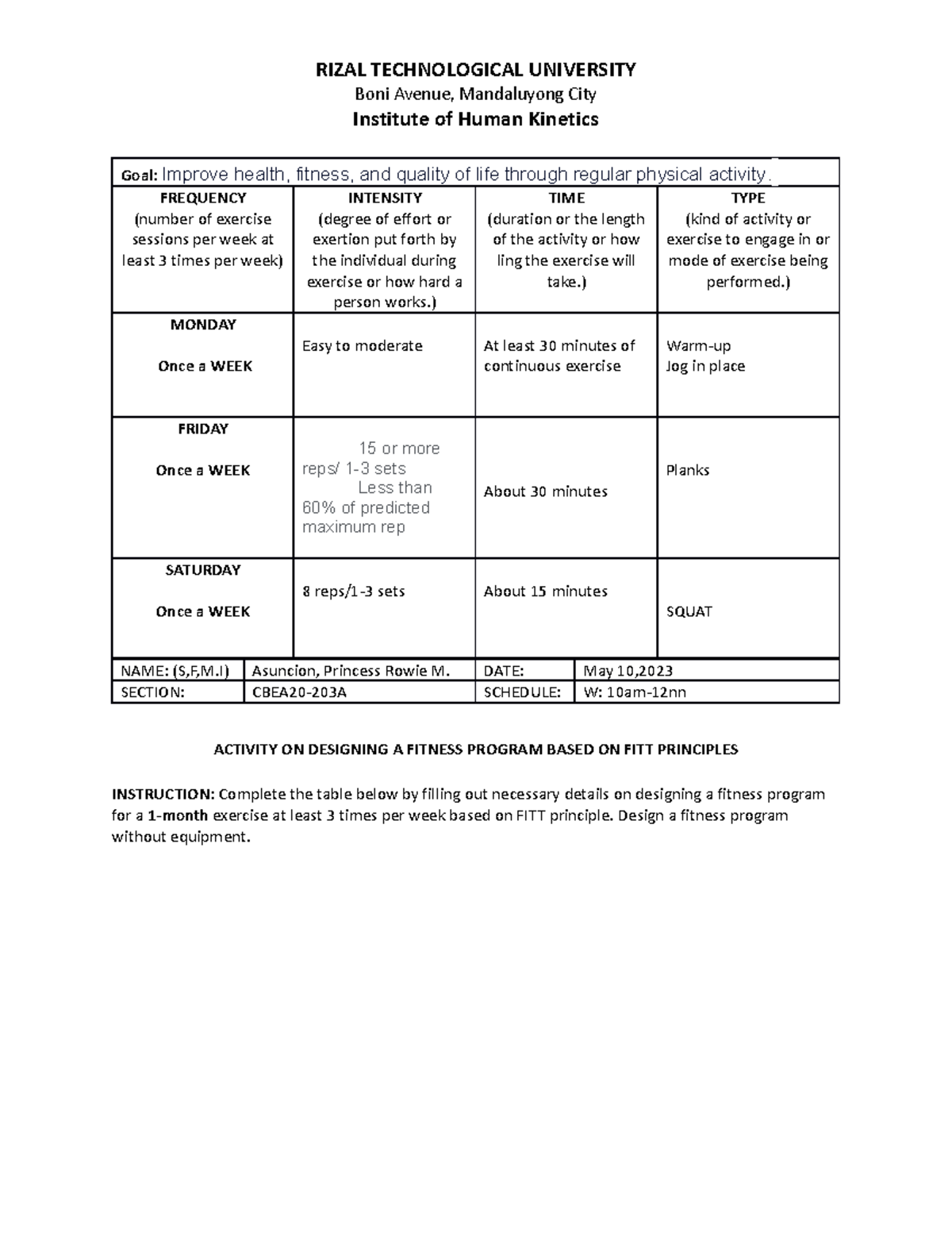Fitness program - nmwe - RIZAL TECHNOLOGICAL UNIVERSITY Boni Avenue ...