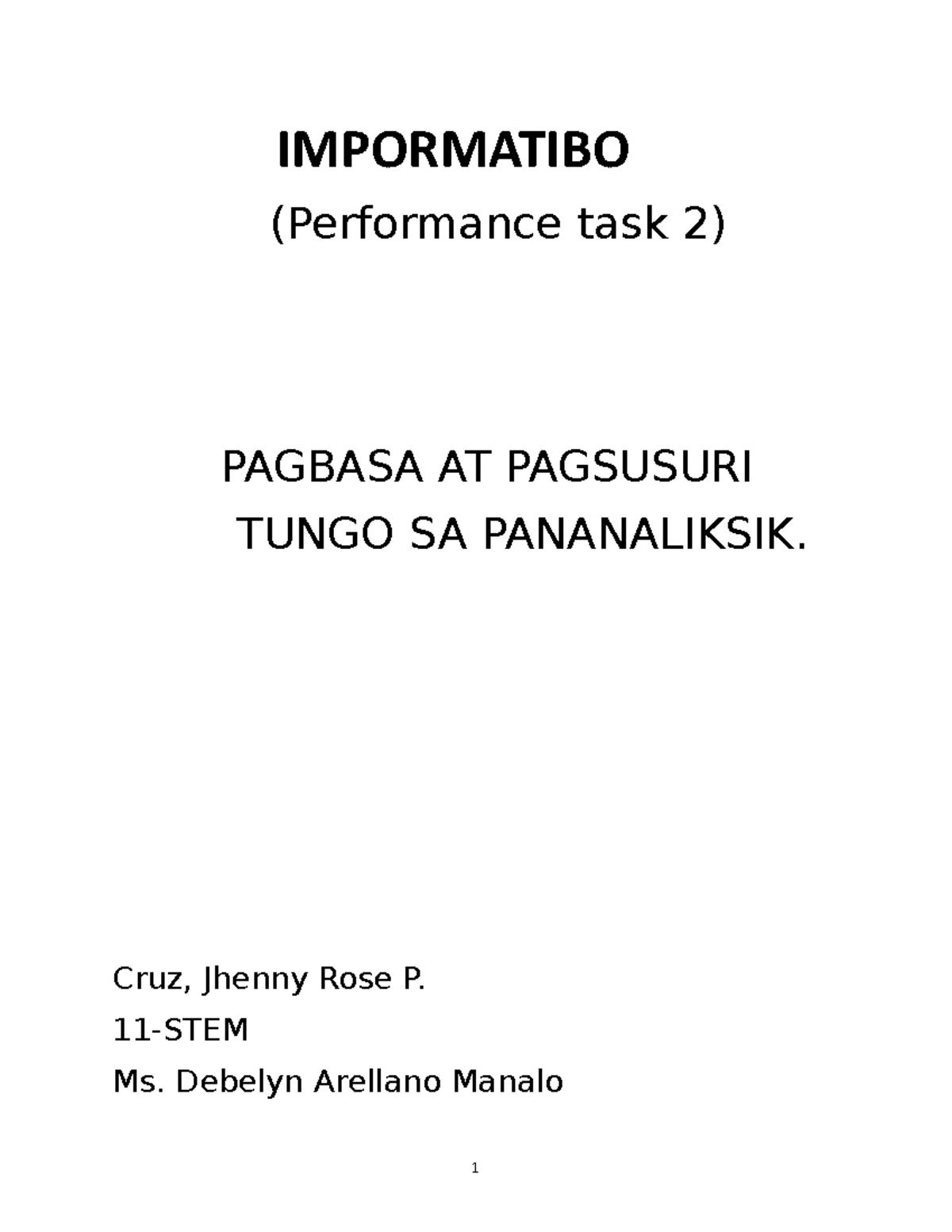 Filipino - this is for reading materials - IMPORMATIBO (Performance task 2) PAGBASA AT PAGSUSURI ...