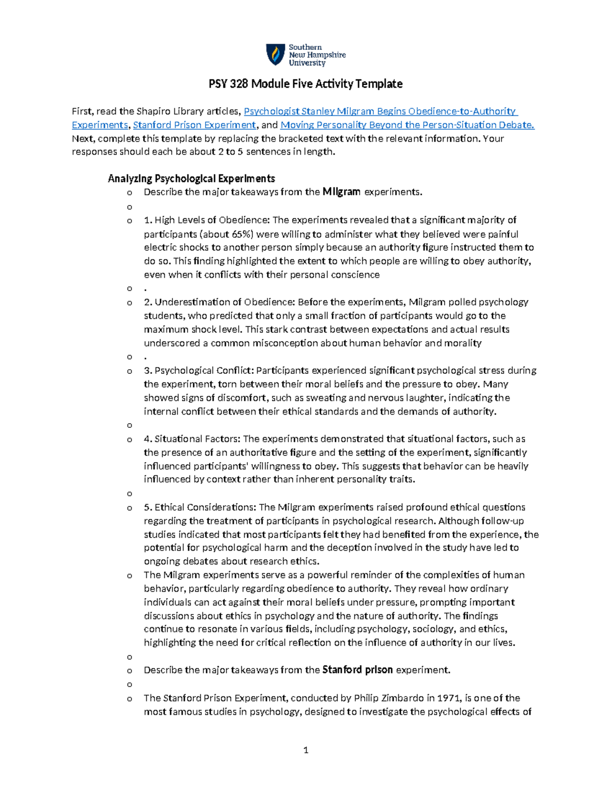 PSY 328 Module Five Activity Template - PSY 328 Module Five Activity Template First, read the ...