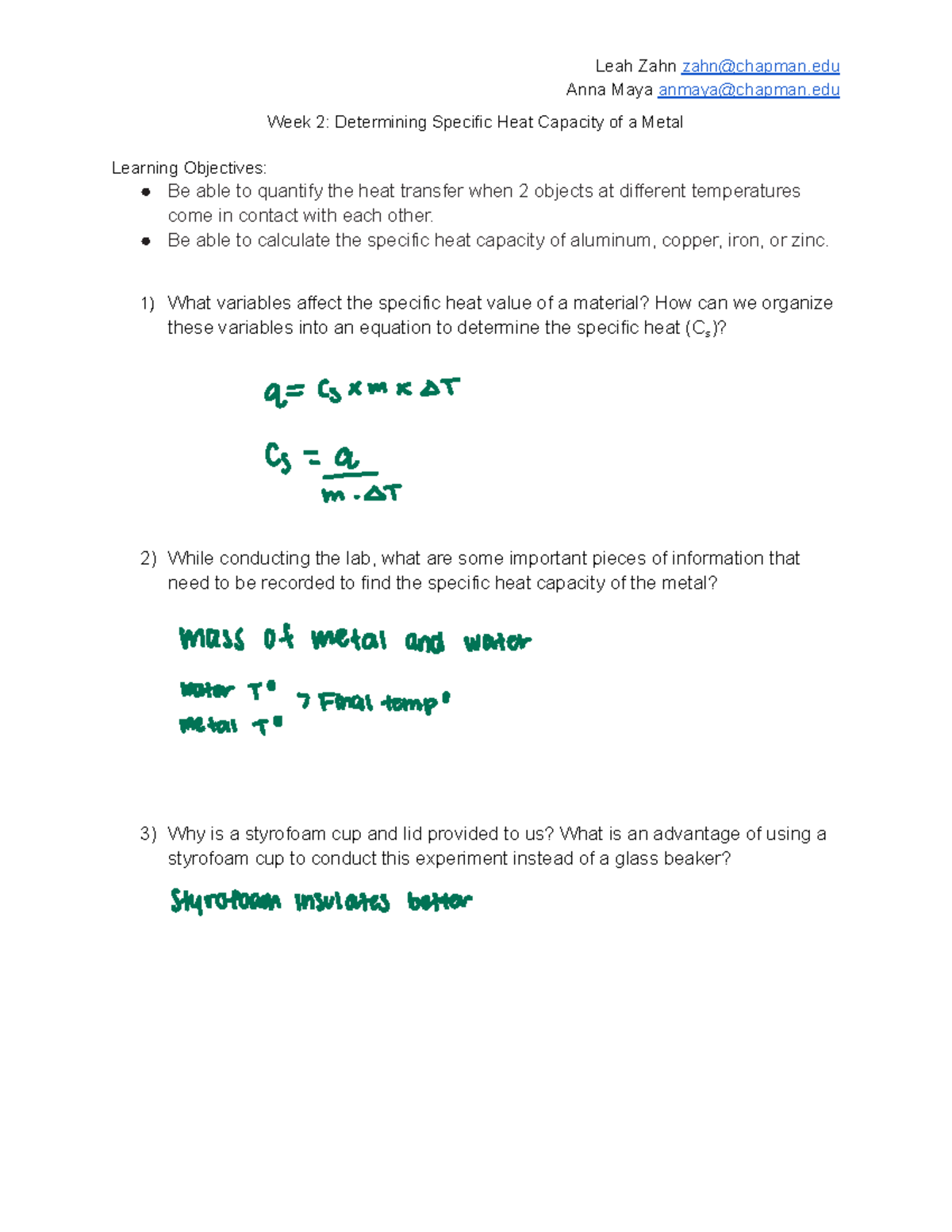 SI week 2 - SI chem 150 lab w/ Anna - Anna Maya anmaya@chapman Week 2 ...