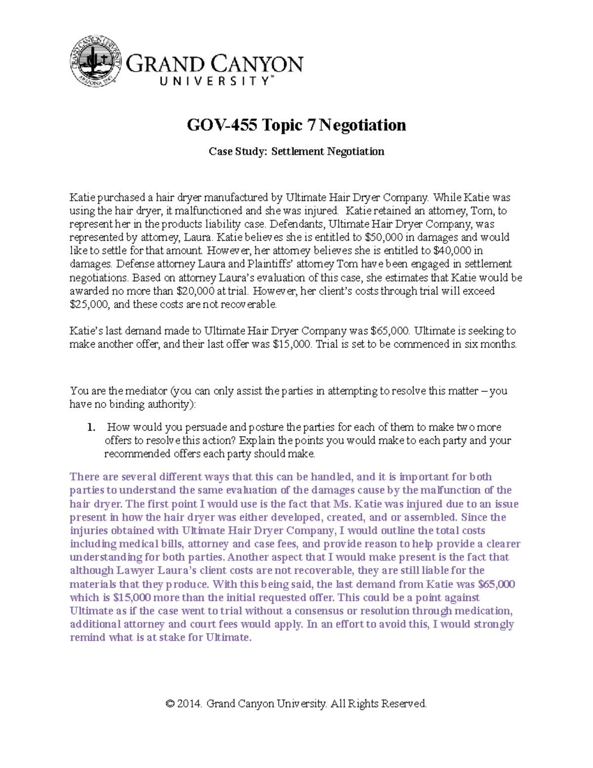 GOV-455 Topic 7 Case Study Settlement Negotiation Worksheet - GOV-455 ...