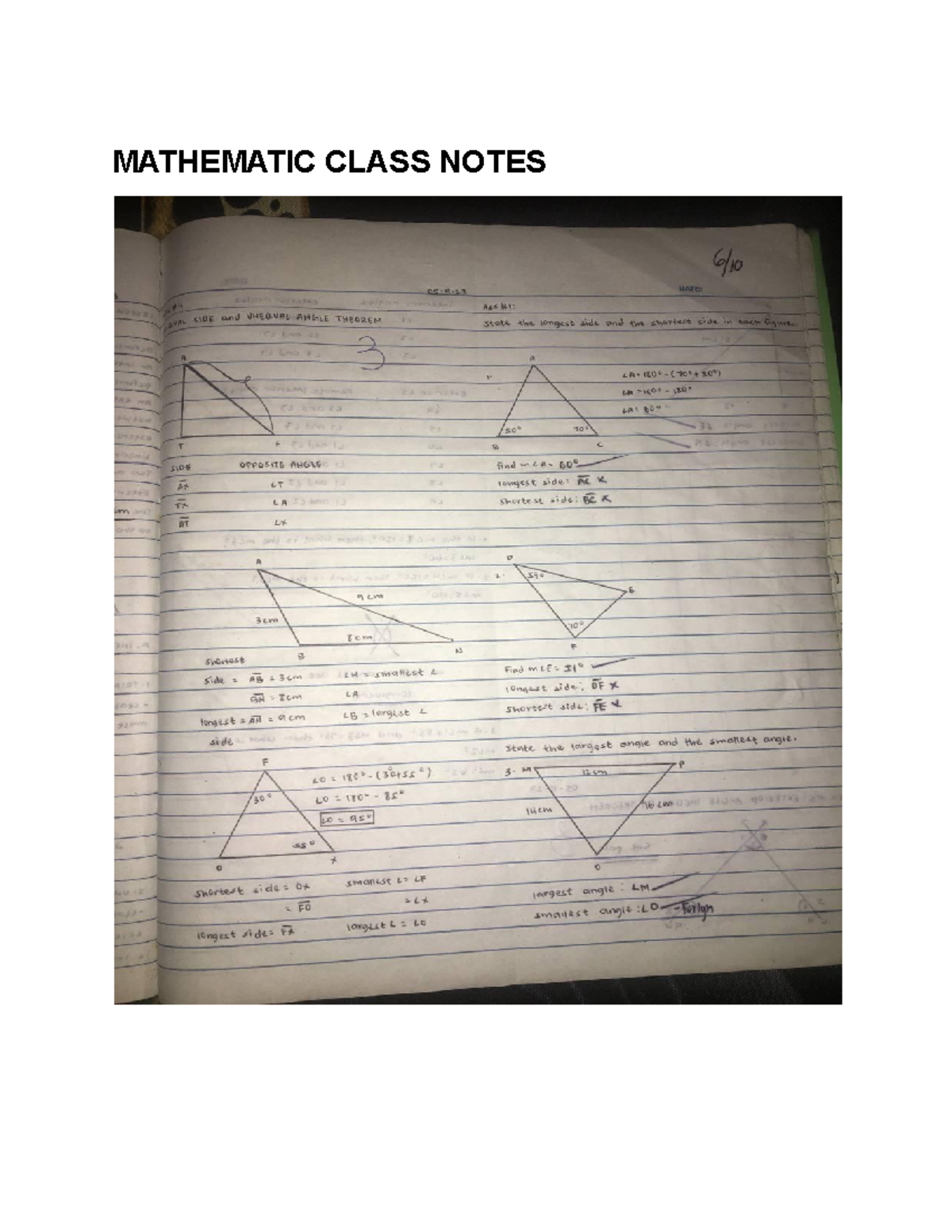 Mathematics - MATHEMATIC CLASS NOTES AVAL SIDE and ANGLE THEOREM state ...