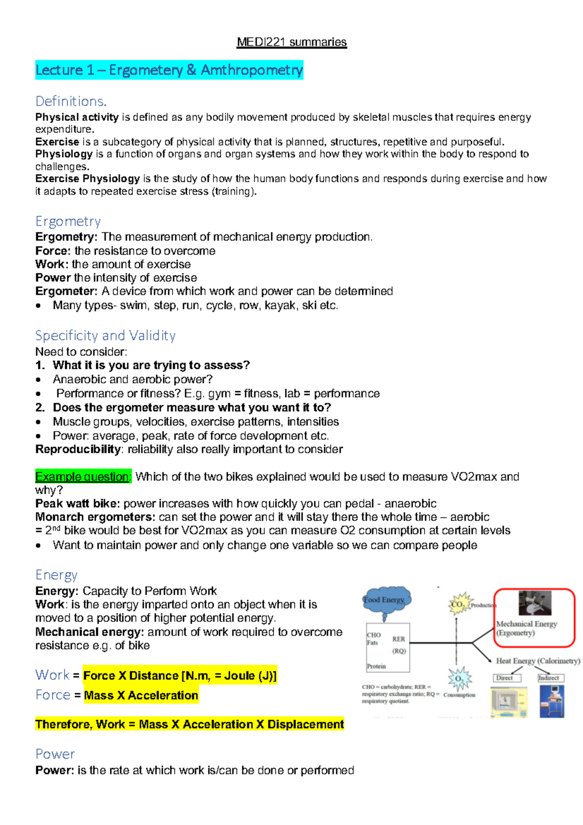 MEDI221 summaries - MEDI221 summaries Lecture 1 – Ergometery & Amthropometry Definitions. - Studocu