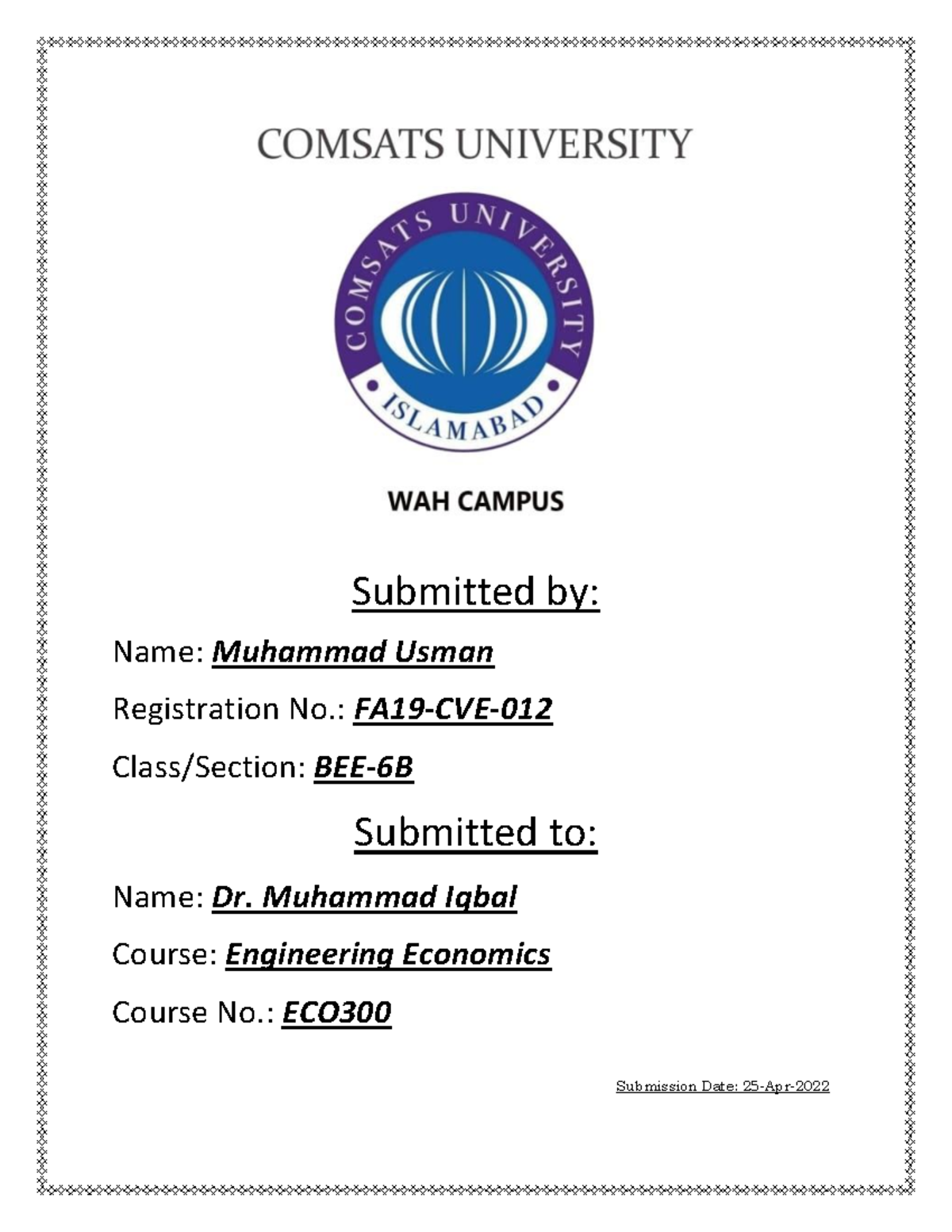 (FA19-CVE-012) Muhammad Usman BEE-6B (ECO300) Assignment 03 - Submitted ...