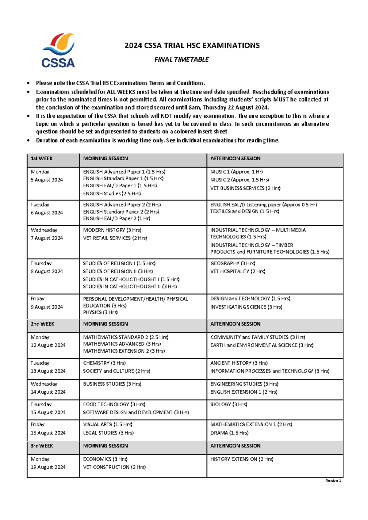 2024 CSSA Trial HSC Examinations Final Timetable - 2024 CSSA TRIAL HSC EXAMINATIONS FINAL ...