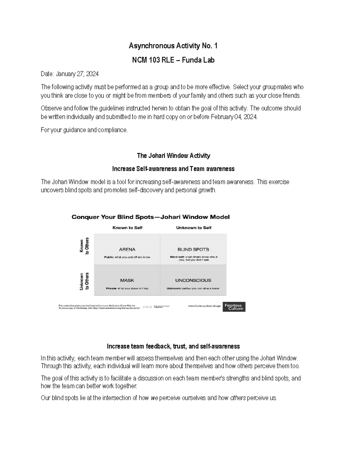 Asynchronous Activity NCM 103 RLE - Funda Lab The Johari Window Exercise - Asynchronous Activity ...