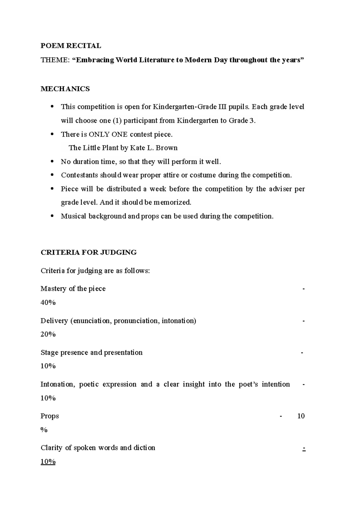 POEM Spoken Declamation - POEM RECITAL THEME: “Embracing World ...