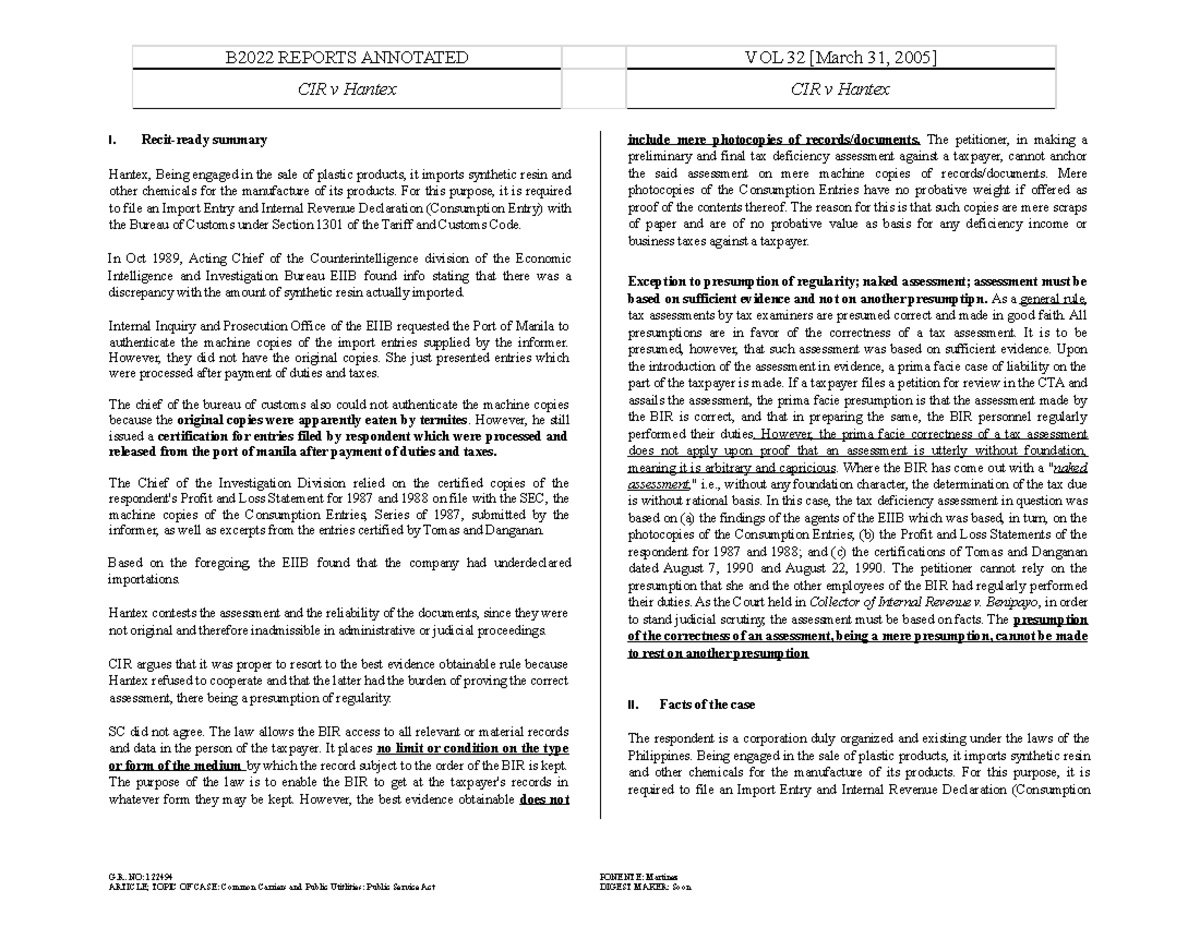 [Tax 2] 8 CIRv Hantex Soon - B2022 REPORTS ANNOTATED VOL 32 [March 31 ...