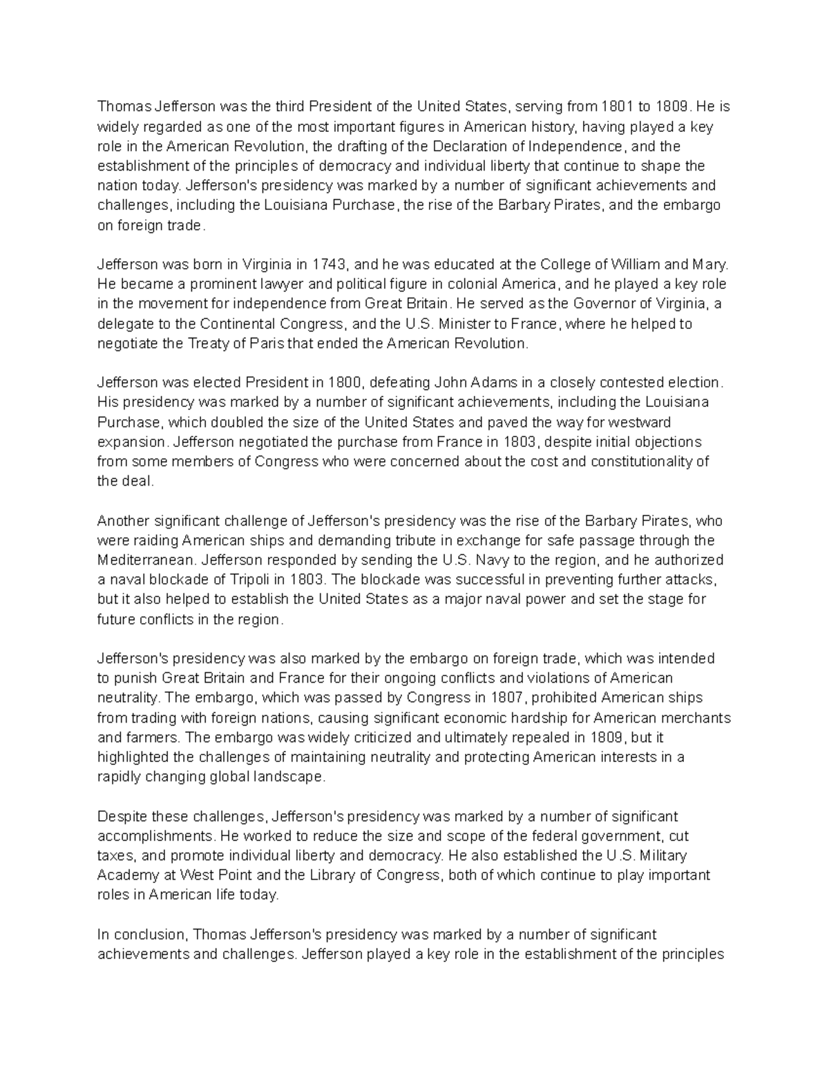 Thomas Jefferson's Presidency - Thomas Jefferson was the third ...