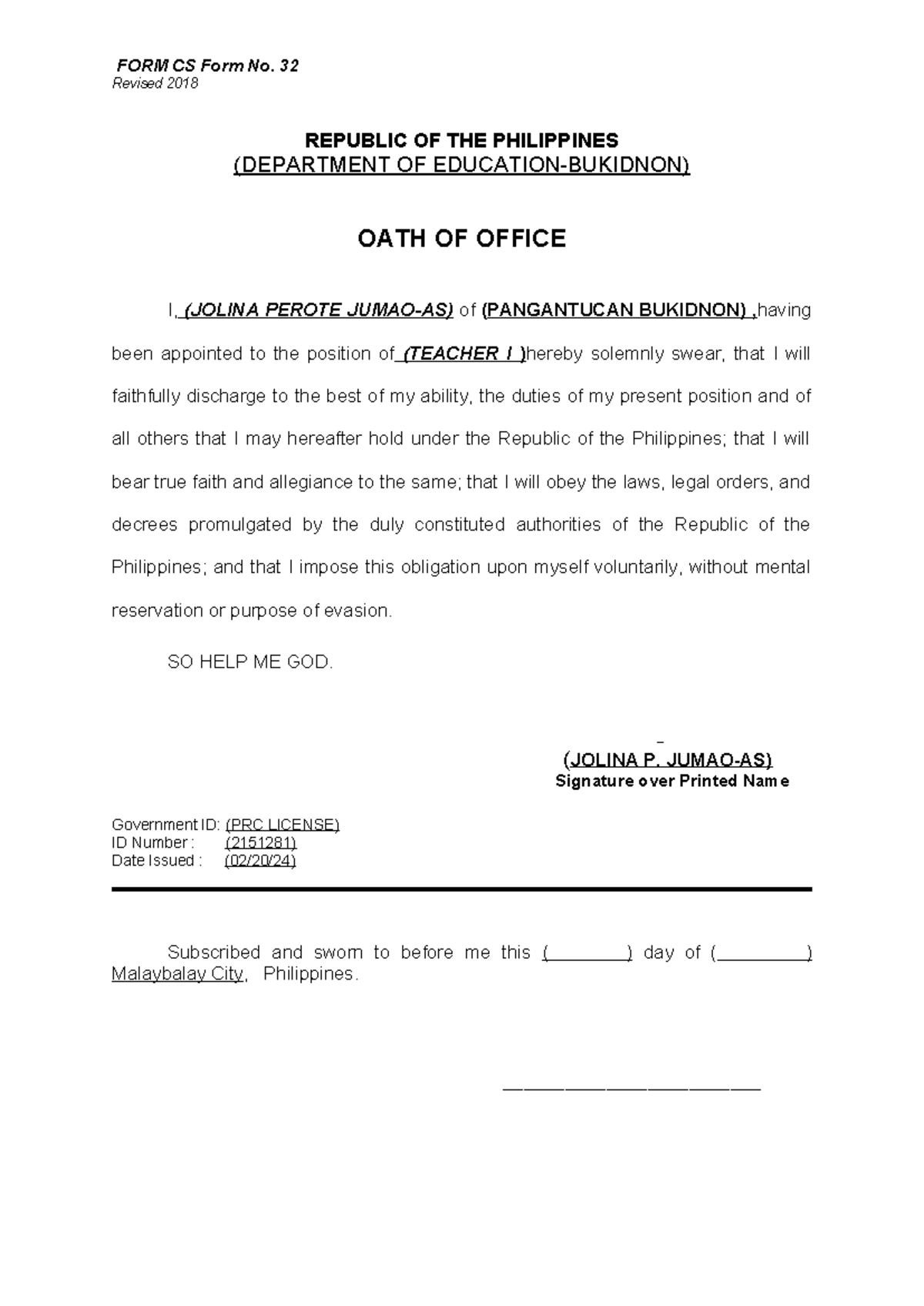 Jolina OATH Deped updated - FORM CS Form No. 32 Revised 2018 REPUBLIC OF THE PHILIPPINES ...