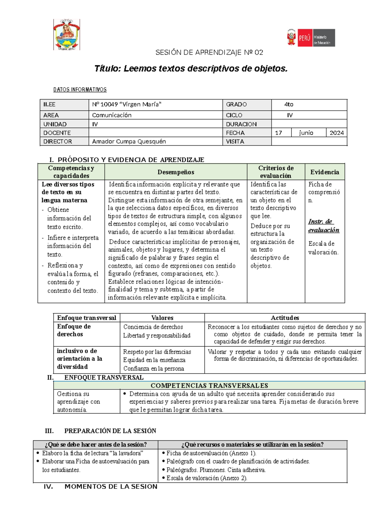 Sesion Leemos textos descriptivos de objetos - DATOS INFORMATIVOS II N ...