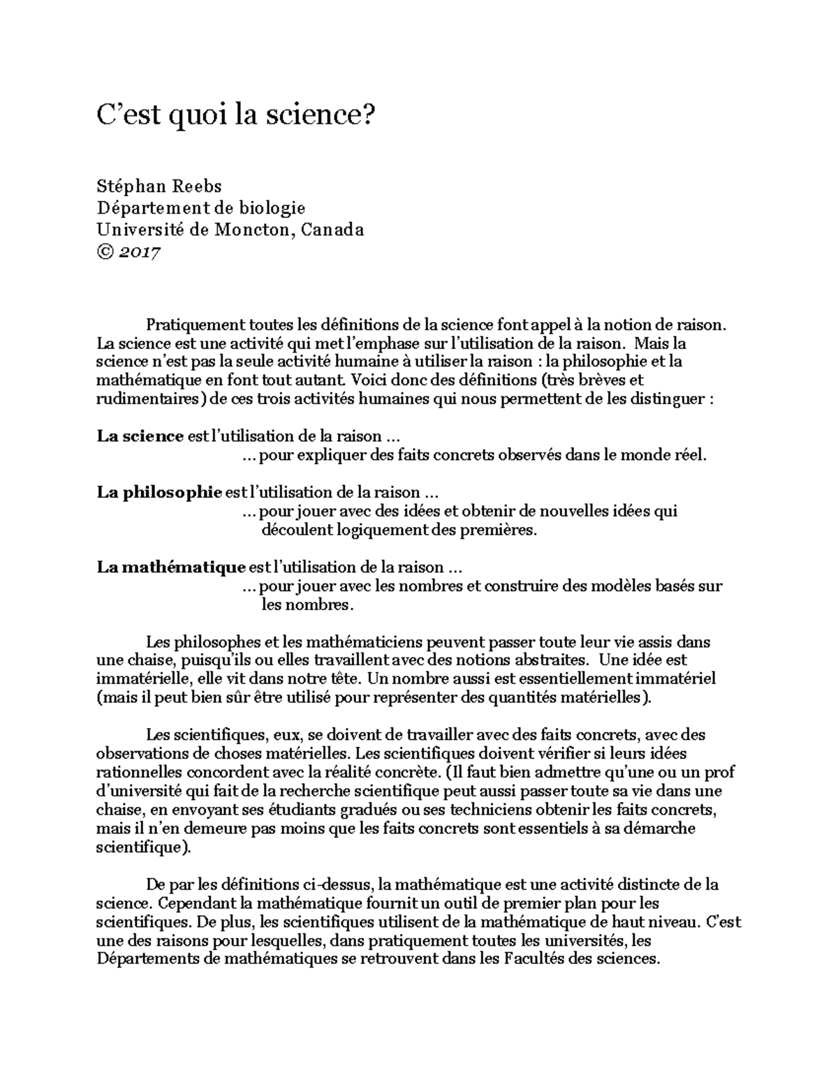 1 - dfvv - C’est quoi la science? StÈphan Reebs DÈpartement de biologie ...