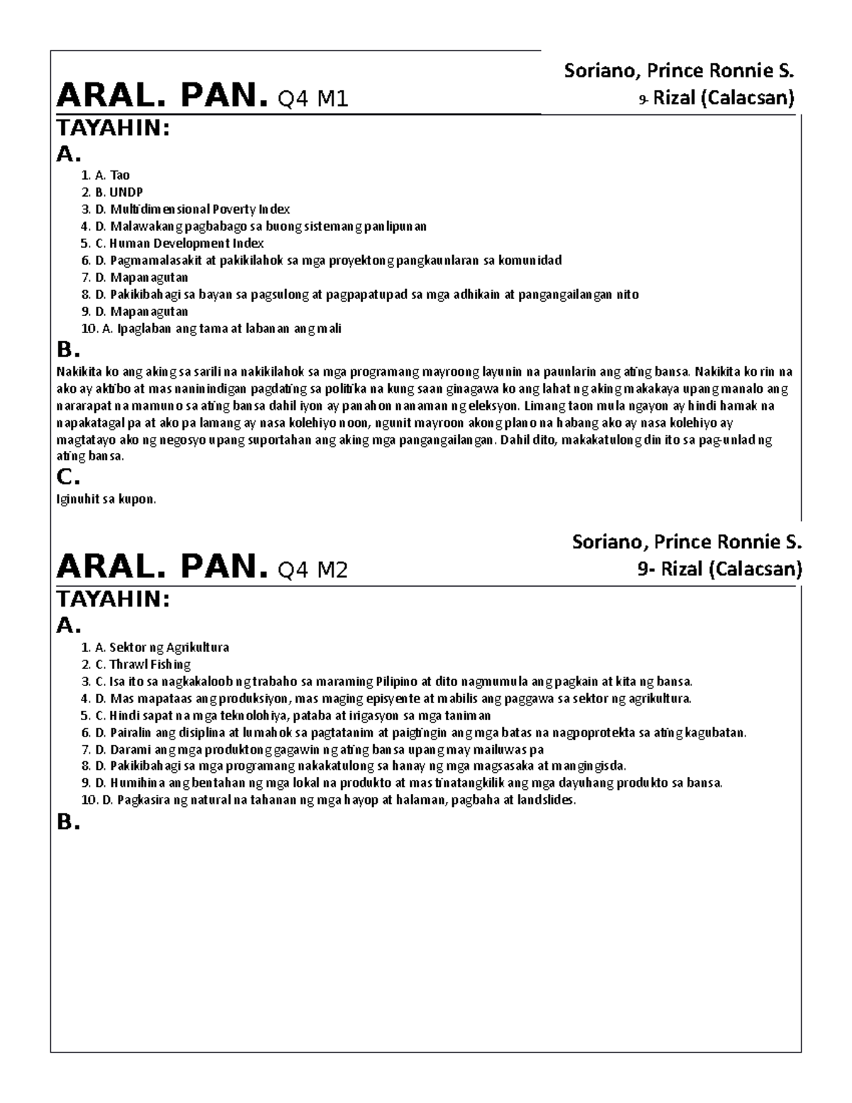 araling panlipunan week 4 - ARAL. PAN. Q4 M TAYAHIN: A. A. Tao B. UNDP ...