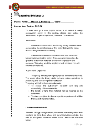 LST 214 preservation worksheets Pamaong, Melanie - - Studocu