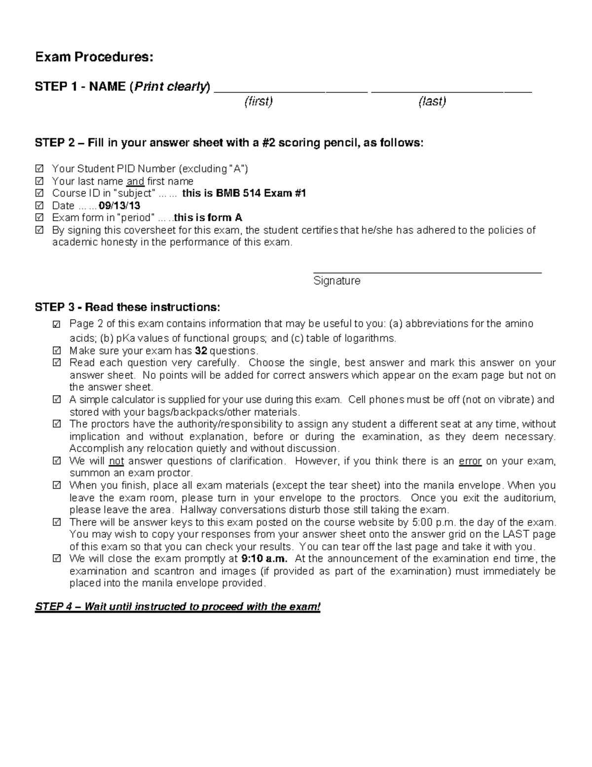 B514Exam1 Form A Final - Study material - Exam Procedures: STEP 1 ...