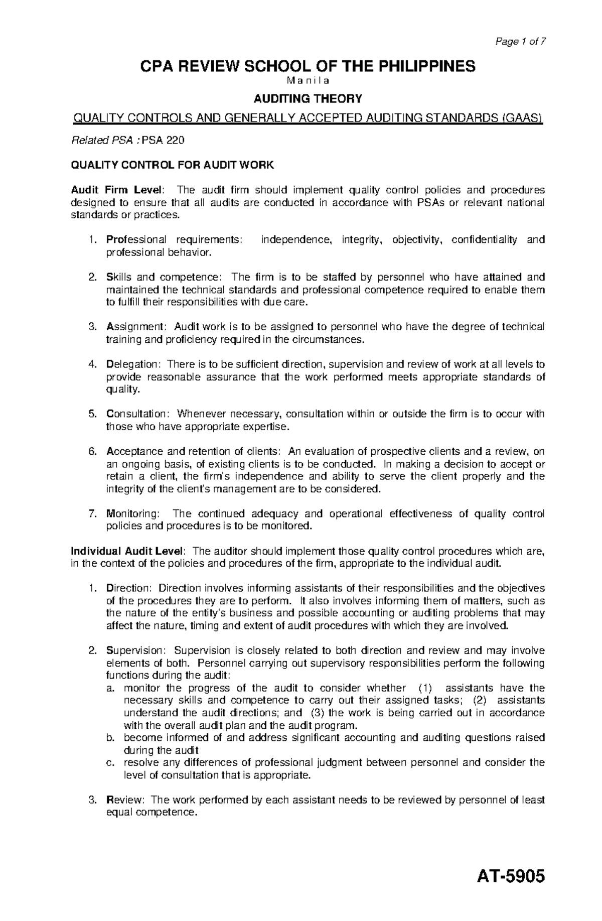 AT - (09) GAAS and Quality Control - CPA REVIEW SCHOOL OF THE ...