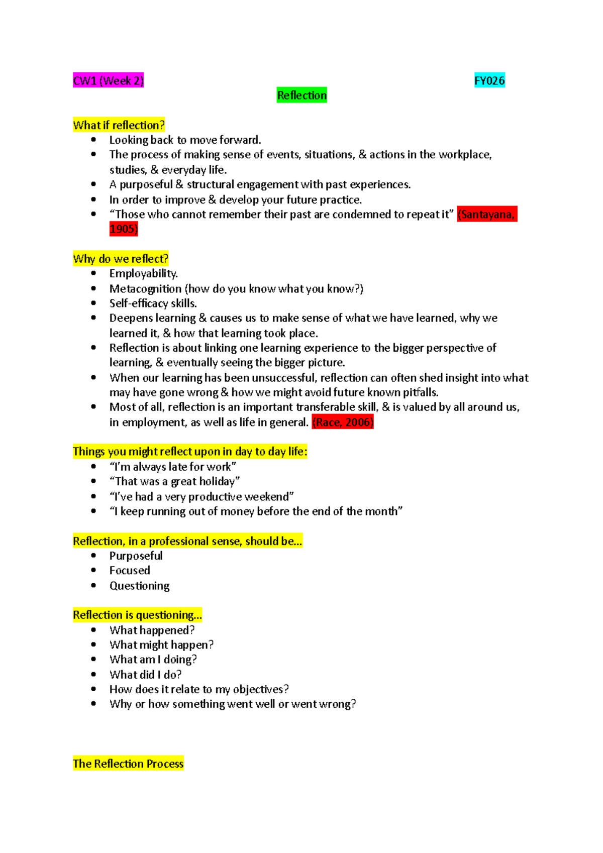 CW1 Reflection week 2 notes - CW1 (Week 2) FY Reflection What if ...