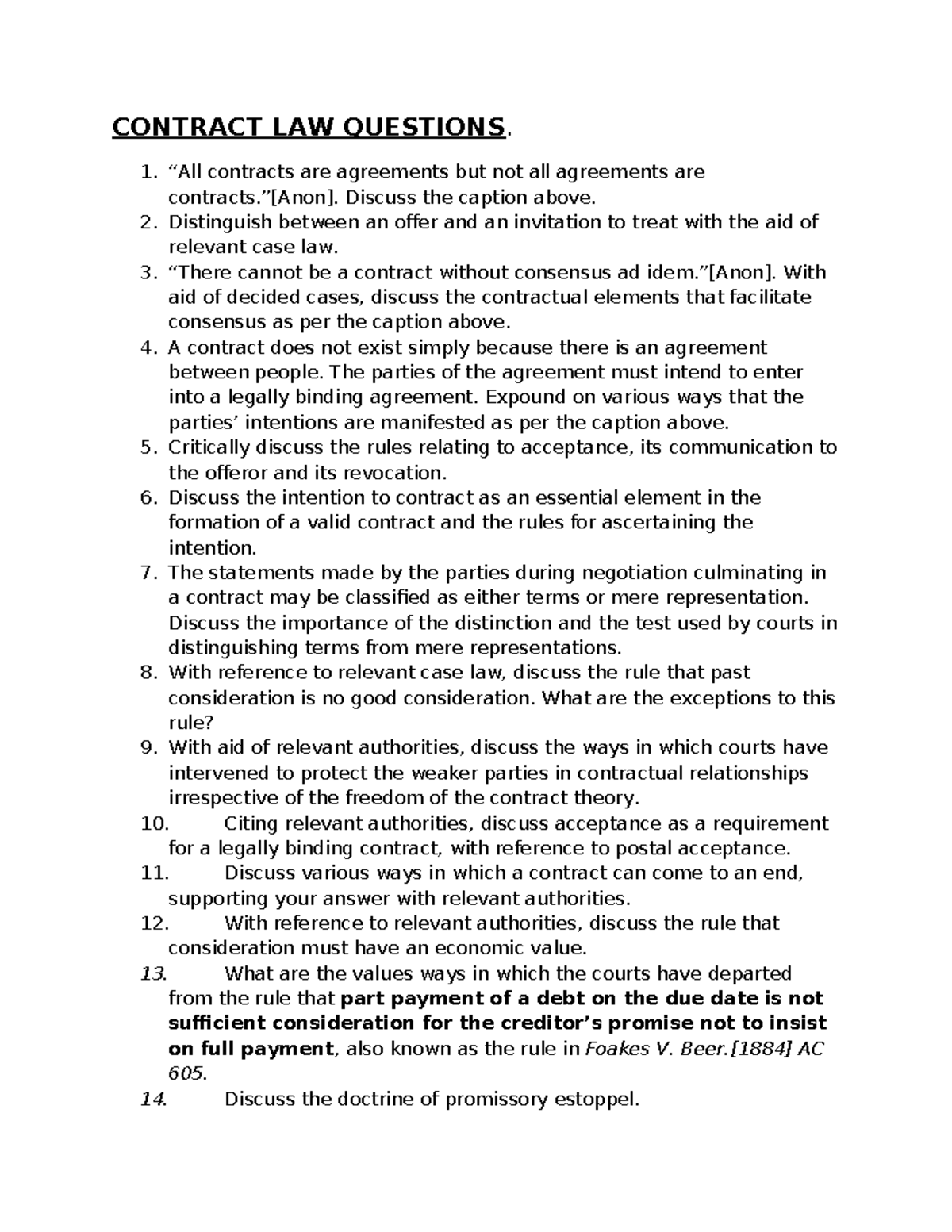 Contract LAW Questions - CONTRACT LAW QUESTIONS. “All contracts are ...
