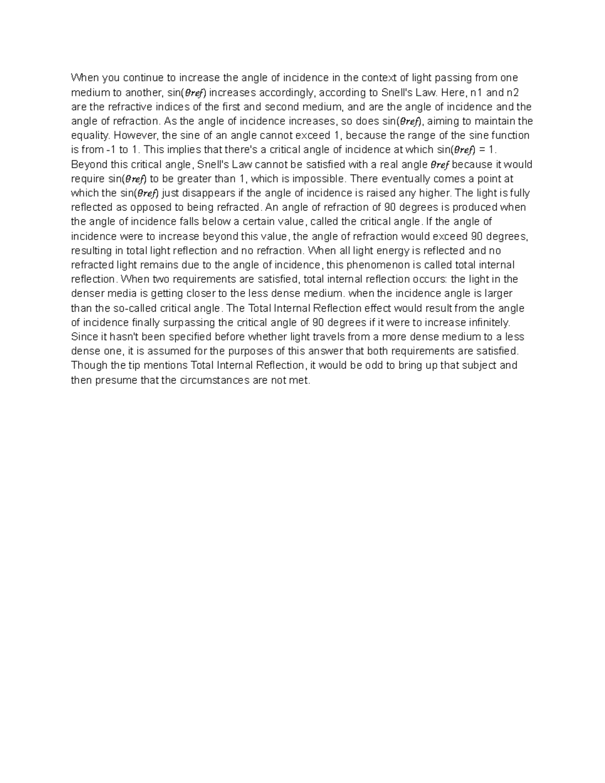 Physics HW: Understanding Total Internal Reflection - When you continue ...