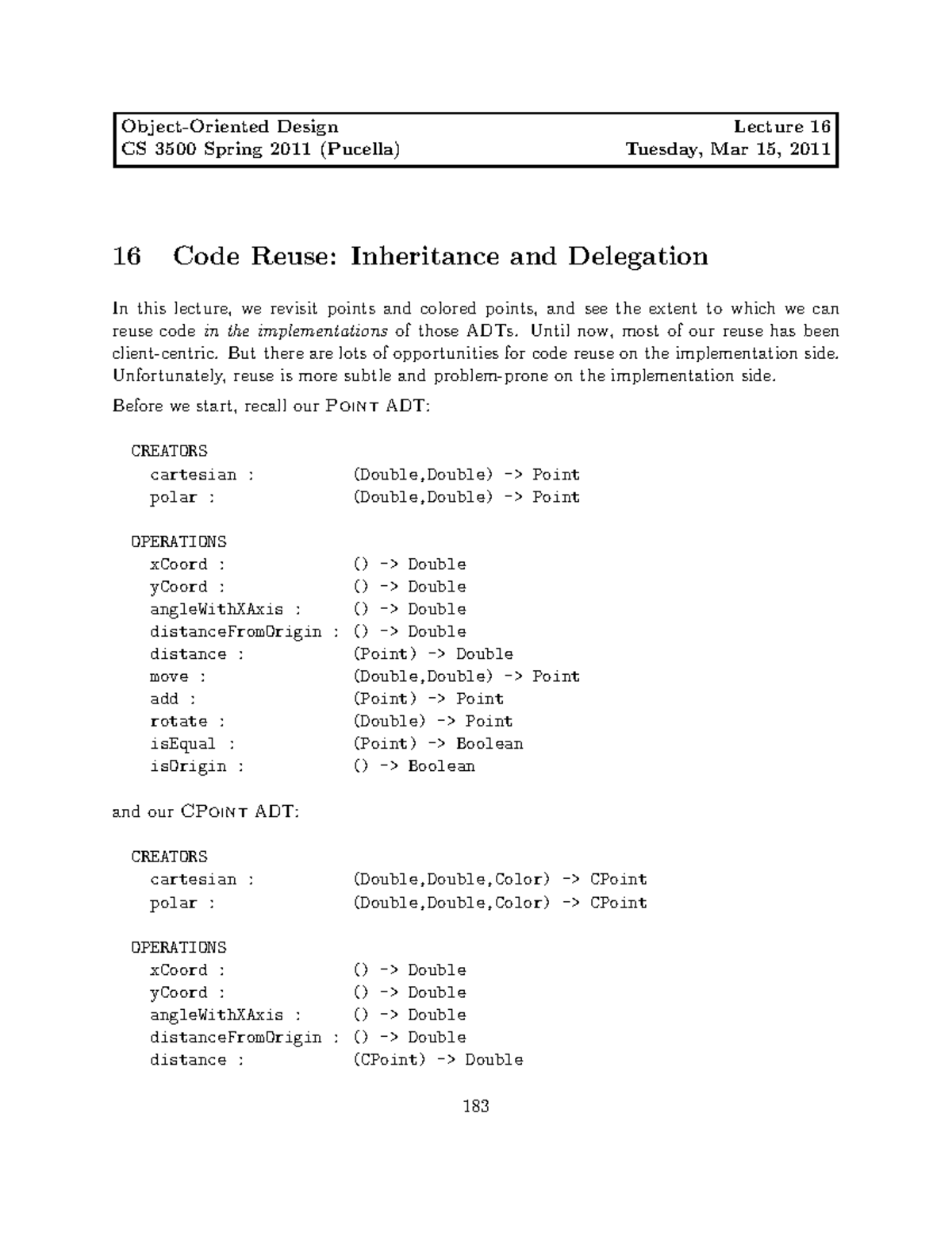 Lecture notes, lecture 16 - Inheritance - Design CS 3500 Spring 2011 ...