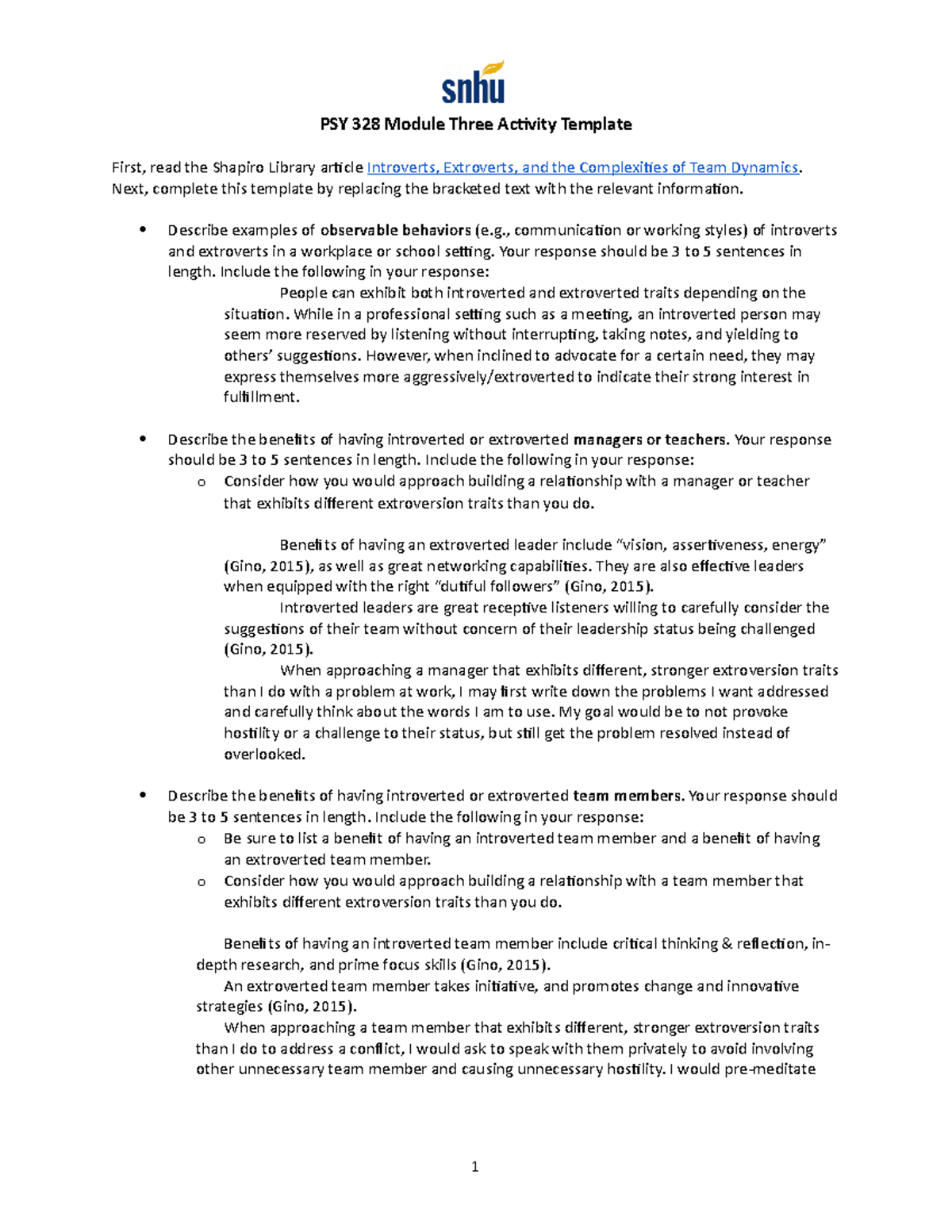 PSY 328 Module Three Activity - Next, complete this template by replacing the bracketed text ...