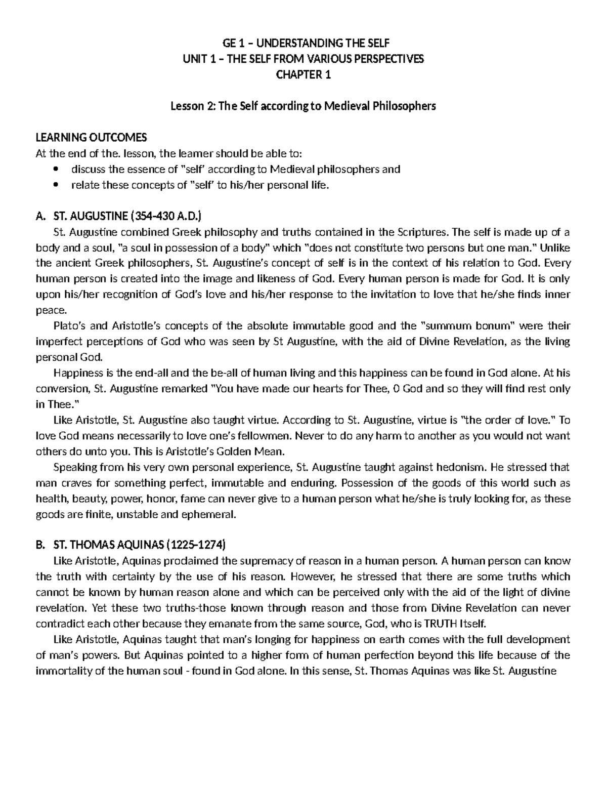 GE 1 Unit 1 Chapter 1 Lesson 2 3 - GE 1 – UNDERSTANDING THE SELF UNIT 1 – THE SELF FROM VARIOUS ...