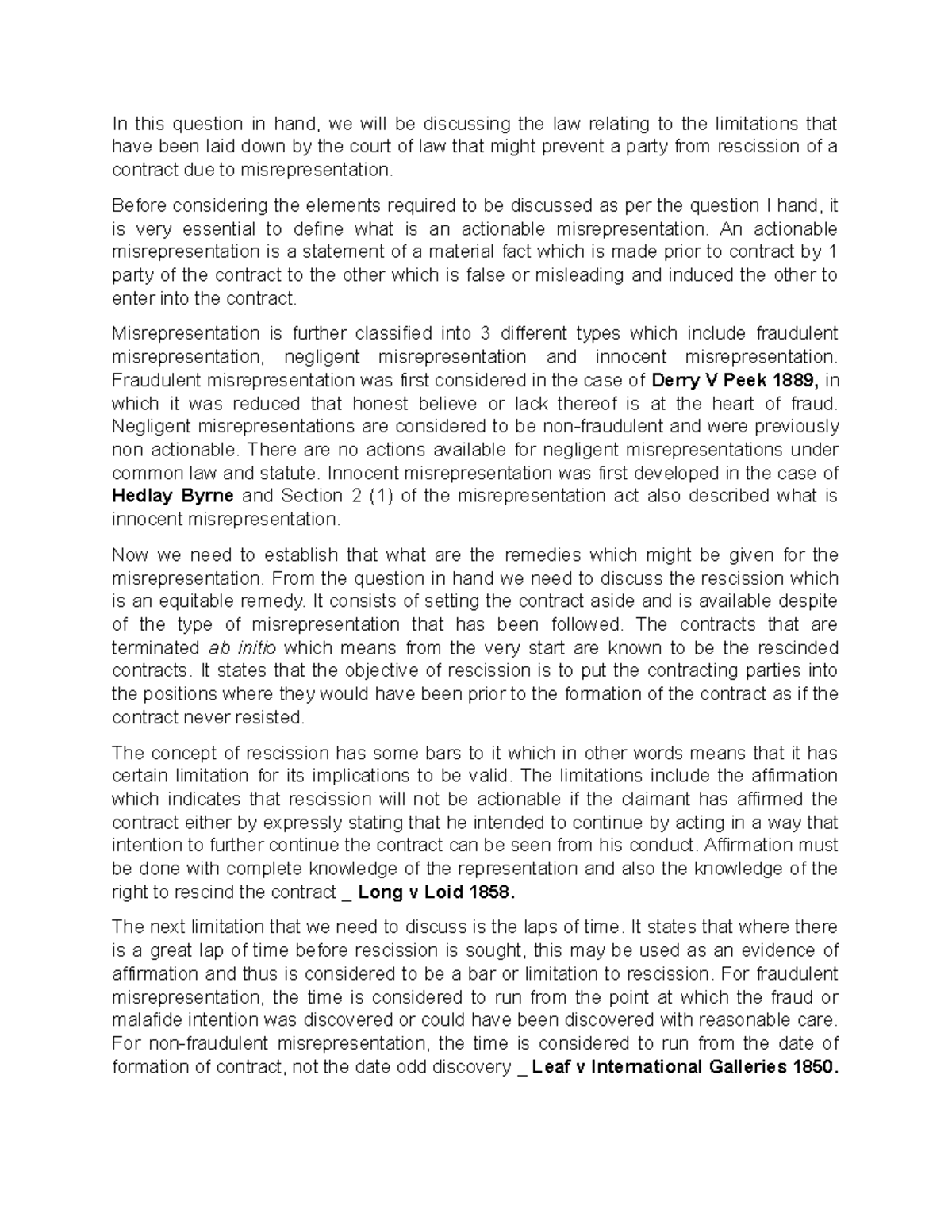 Misrep - In this question in hand, we will be discussing the law ...