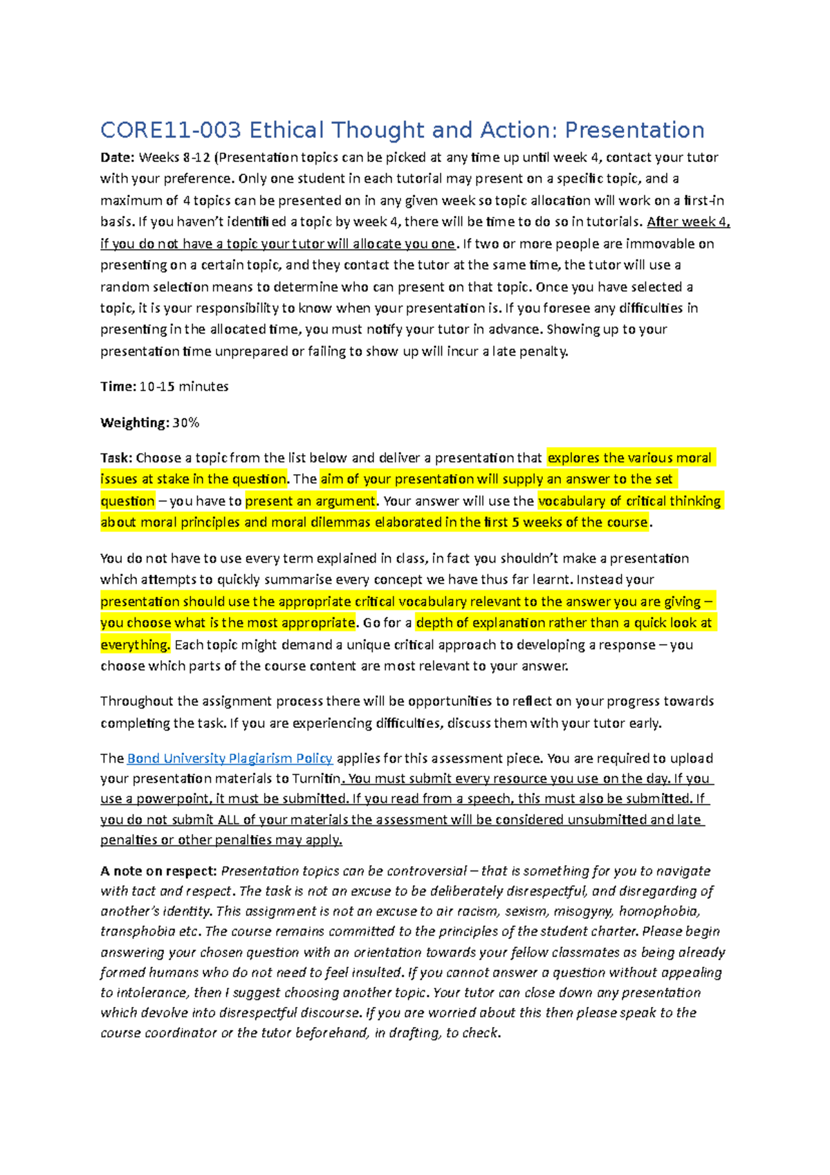 Presentation criteria and topics - CORE11-003 Ethical Thought and ...