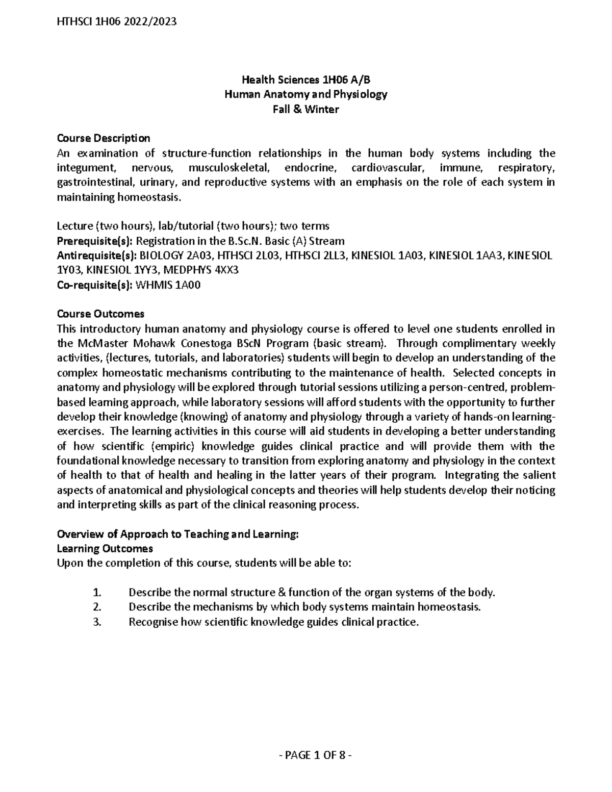 Hthsci 1H06 Course Outline 2022-2023 - Health Sciences 1H06 A/B Human ...