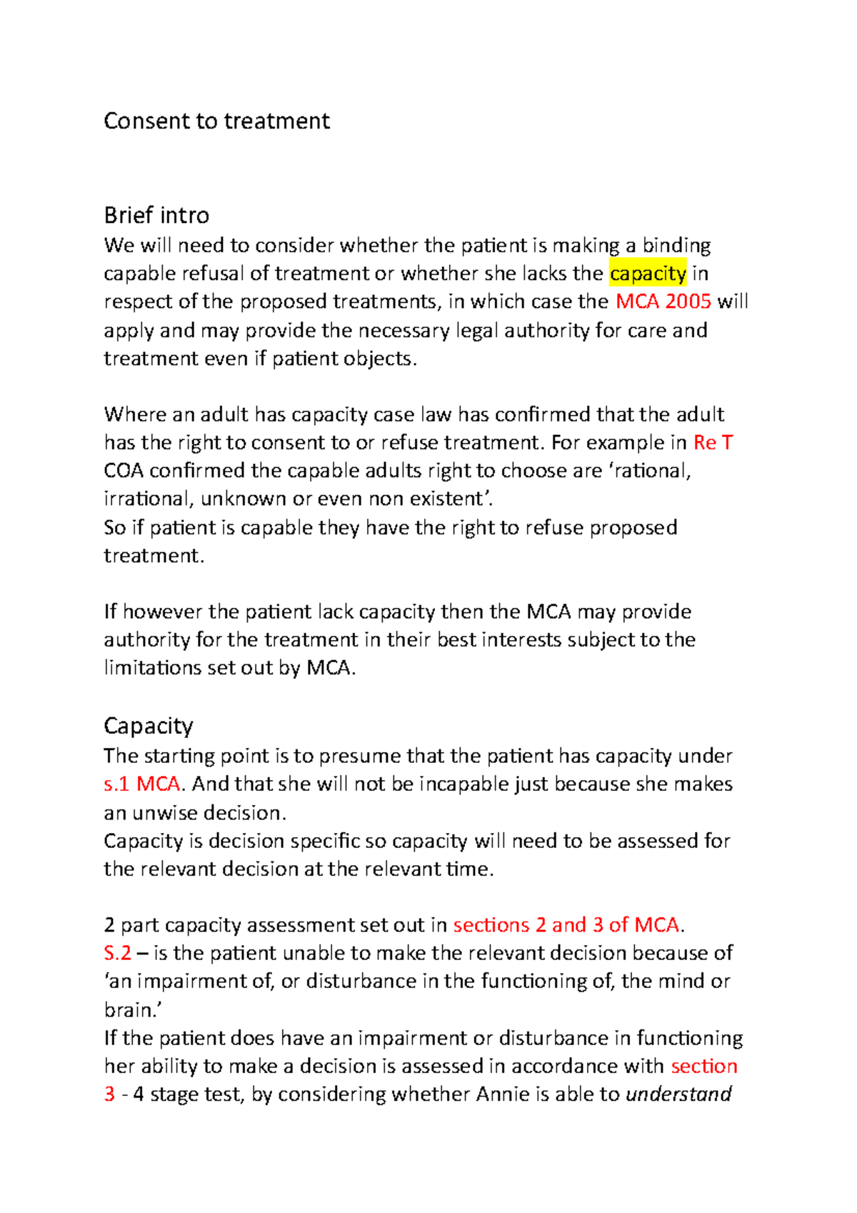 Consent to Treatment: Capacity and Best Interests under MCA 2005 - Studocu
