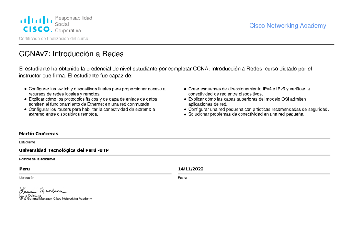 ITN-certificate - Responsabilidad Social Corporativa Cisco Networking Academy Certificado de ...
