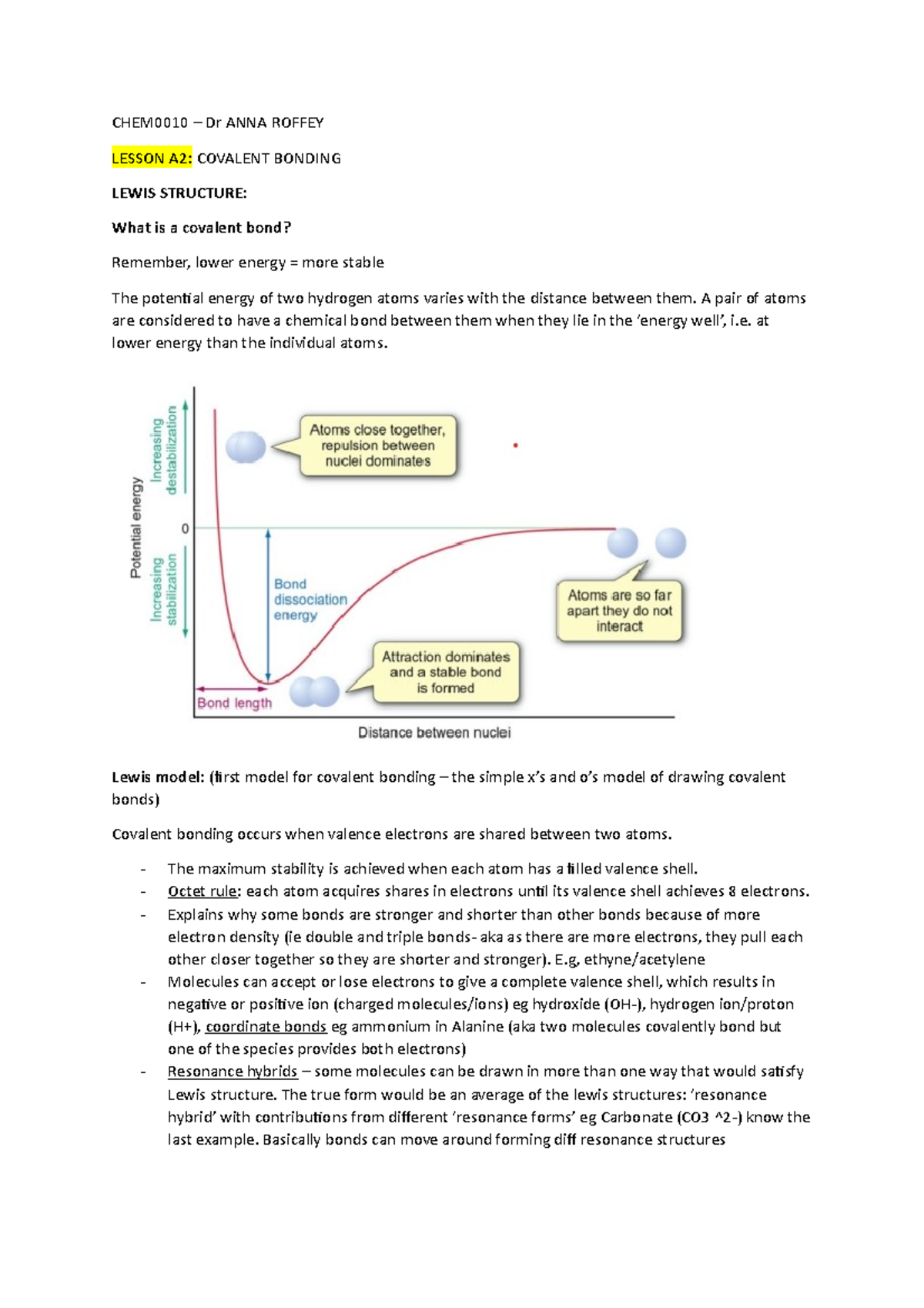Lesson A2 Covalent bonding & Vsepr - CHEM0010 – Dr ANNA ROFFEY LESSON ...