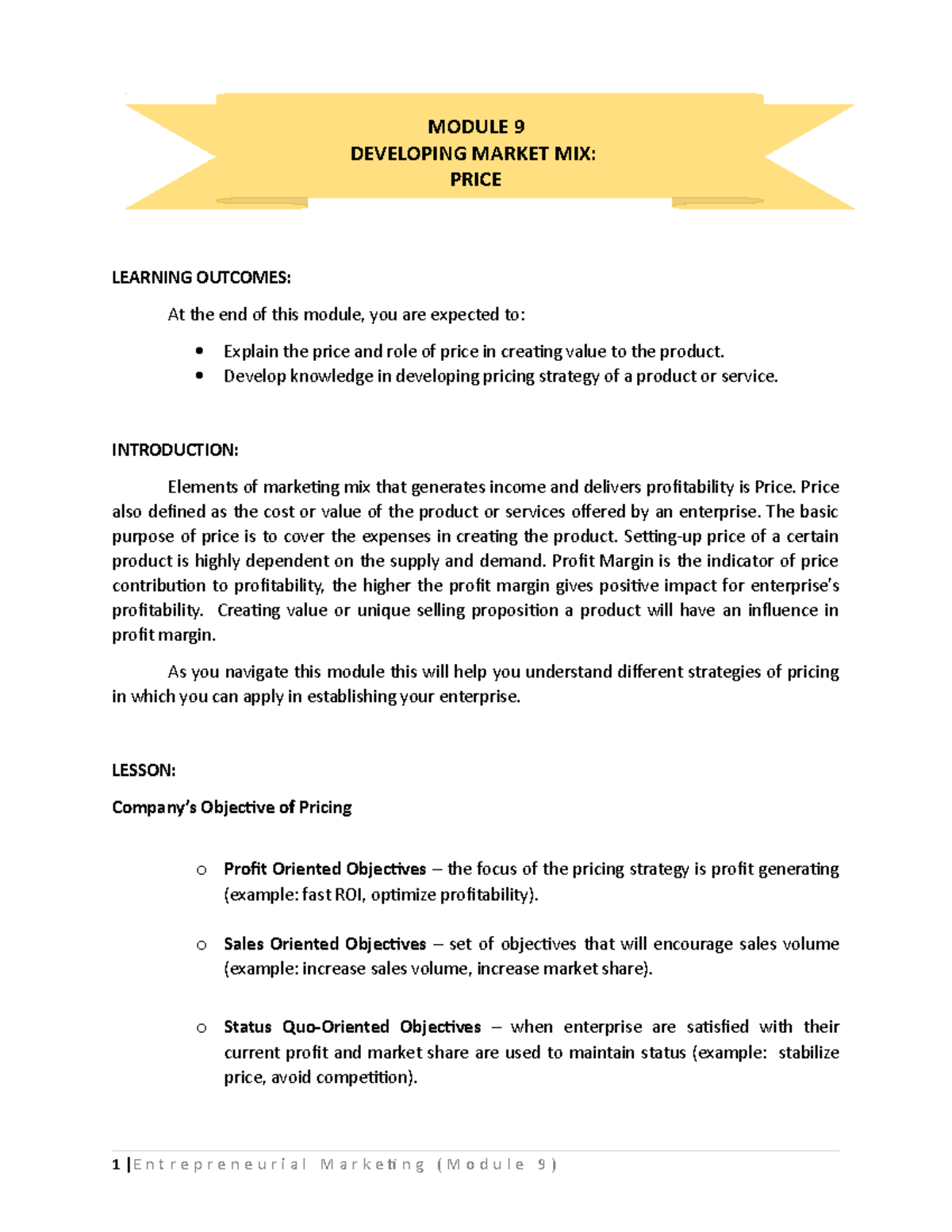 Entrep Marketing Module-9 - MODULE 9 DEVELOPING MARKET MIX: PRICE ...