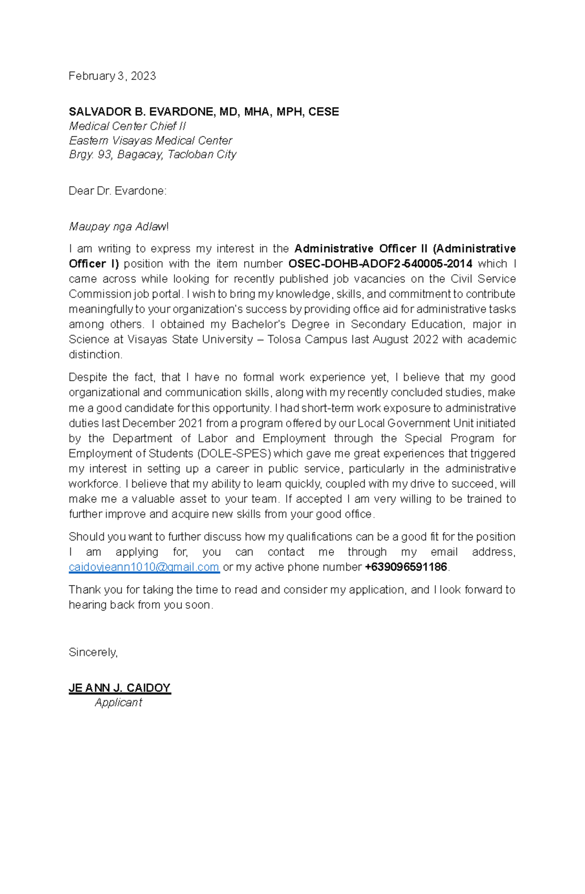 Records Officer Application Letter - February 3, 2023 SALVADOR B ...