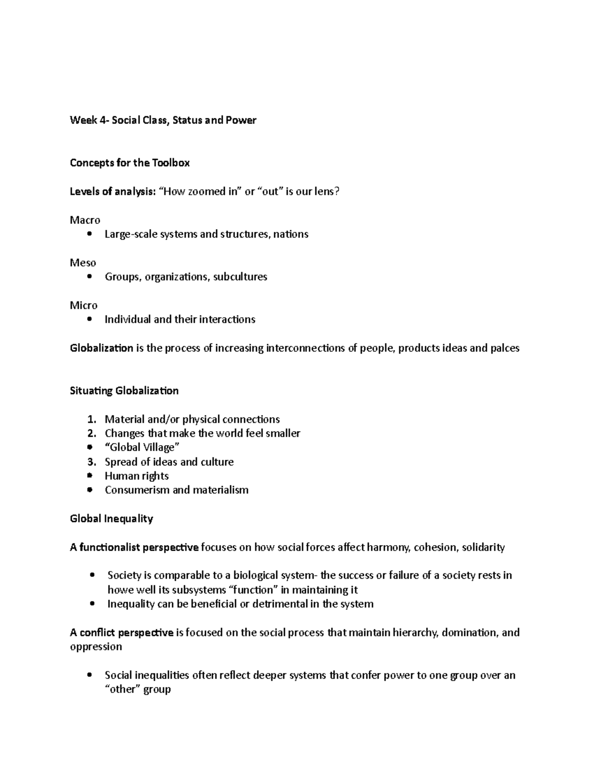 Week 4 - Week 4 notes - Week 4- Social Class, Status and Power Concepts ...