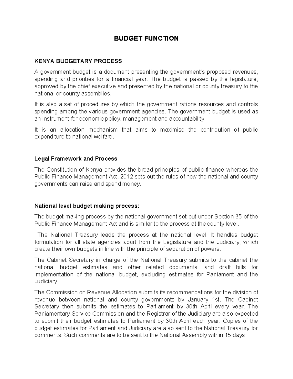 Health Economics Budget Notes - BUDGET FUNCTION KENYA BUDGETARY PROCESS ...