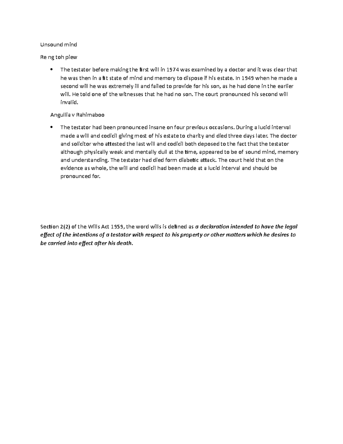 Summary of Probate case - unsound mind - Unsound mind Re ng toh piew ...