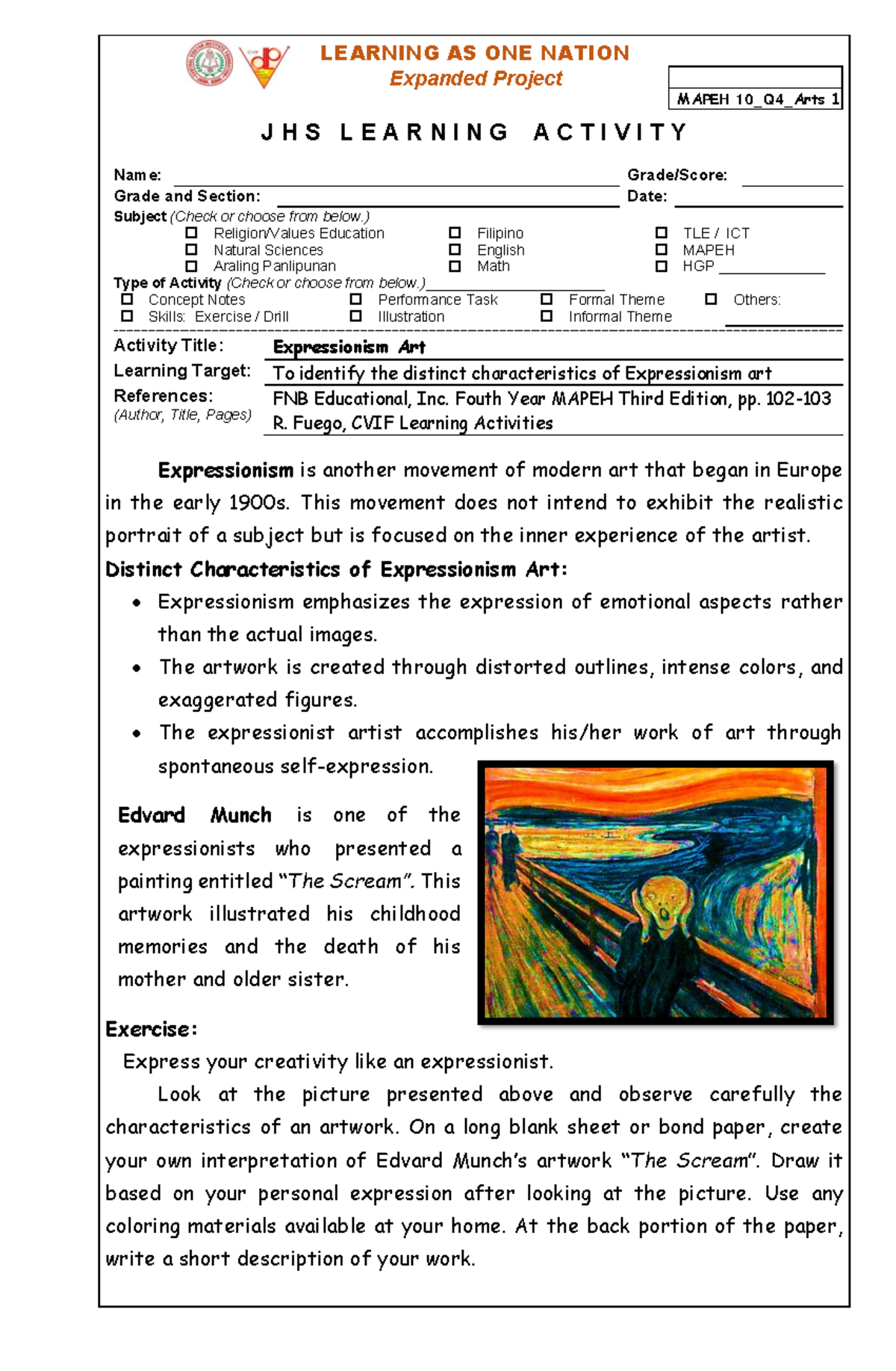 Mapeh 10 Q4 Arts - LAS 1 Expressionism Art - LEARNING AS ONE NATION ...