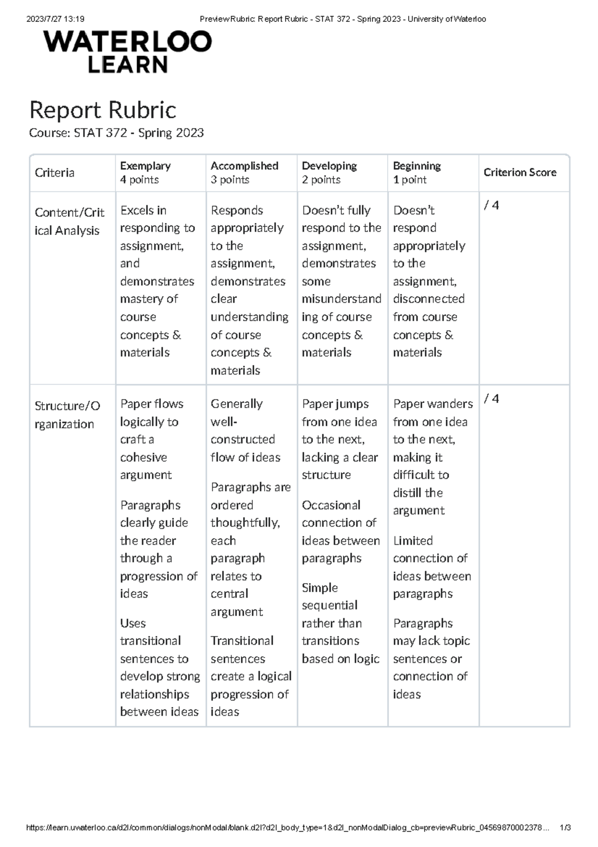 Preview Rubric Report Rubric - STAT 372 - Spring 2023 - 2023/7/27 13:19 ...