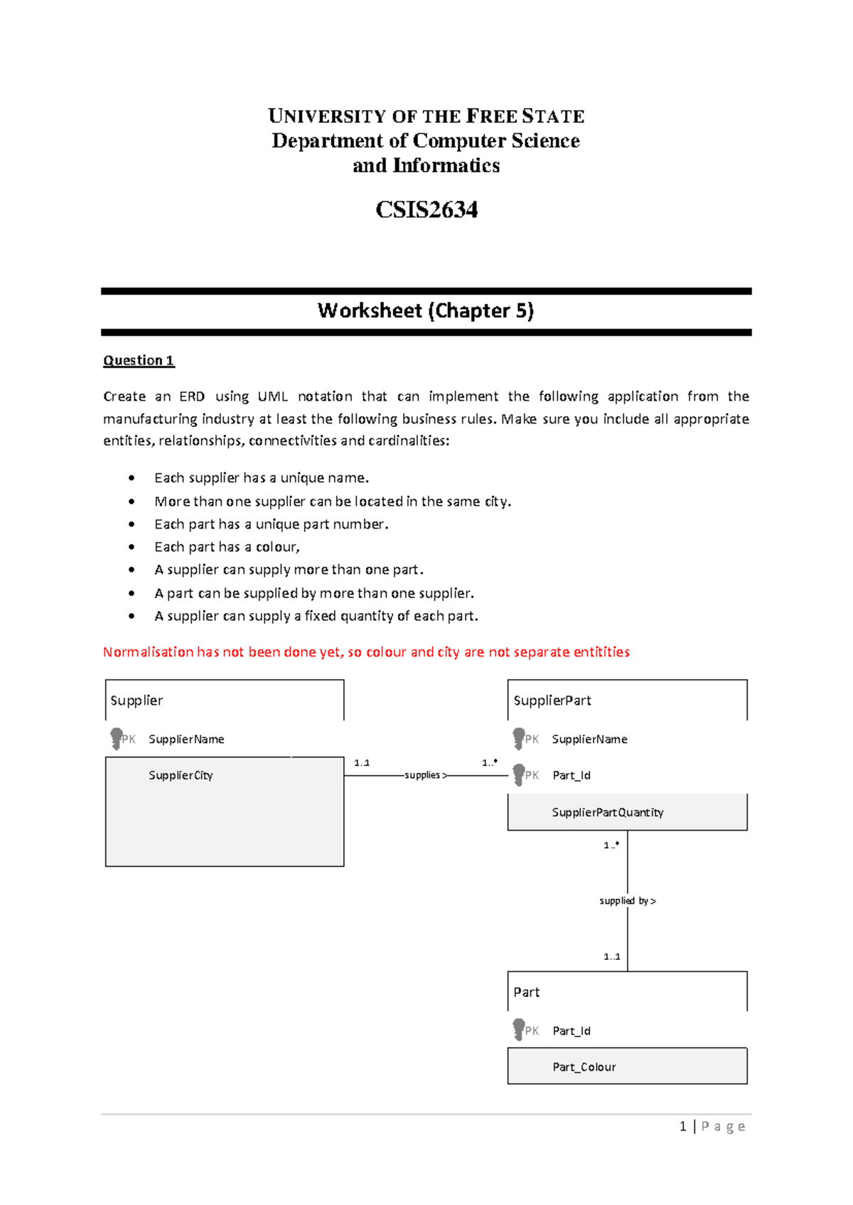 Worksheet Chapter 5 Memo - 1 | P a g e UNIVERSITY OF THE FREE STATE ...