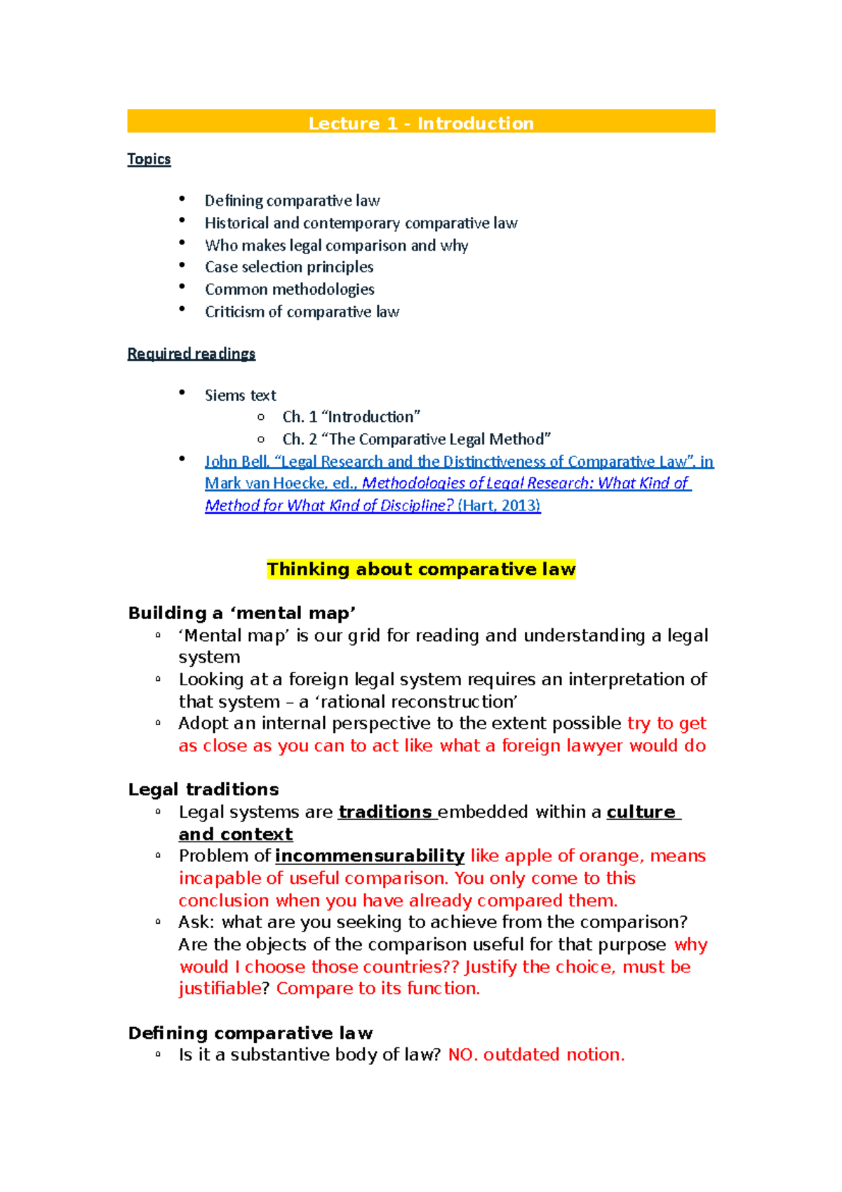 2022 Comparative Law Notes (Lecture 1) - Lecture 1 - Introduction ...