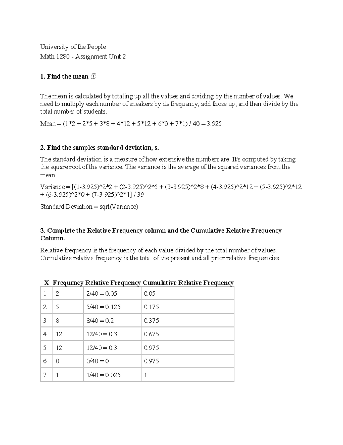 Written Assignment Unit 2 - University of the People Math 1280 ...